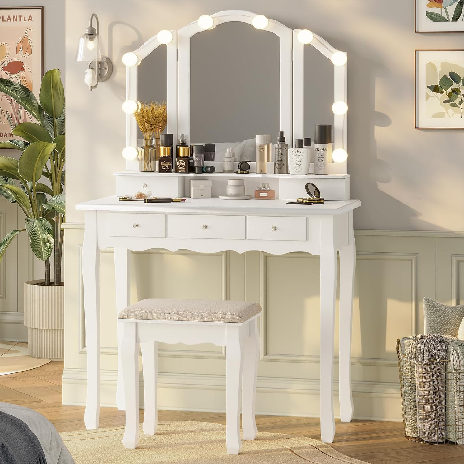 Red Barrel Studio® Vanity Desk with Lighted Mirror and Stool, Vanity ...