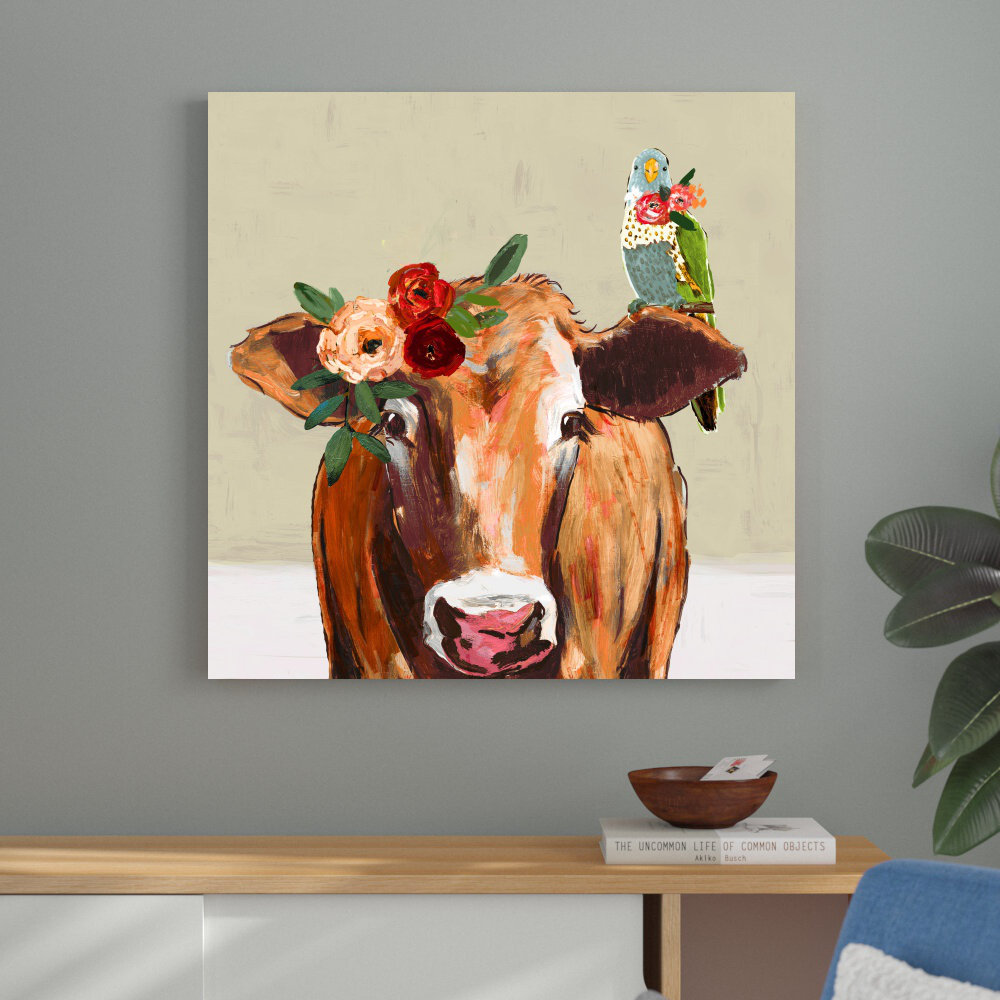 Harper Orchard Floral Cow And Bird Brown - Wrapped Canvas Painting ...