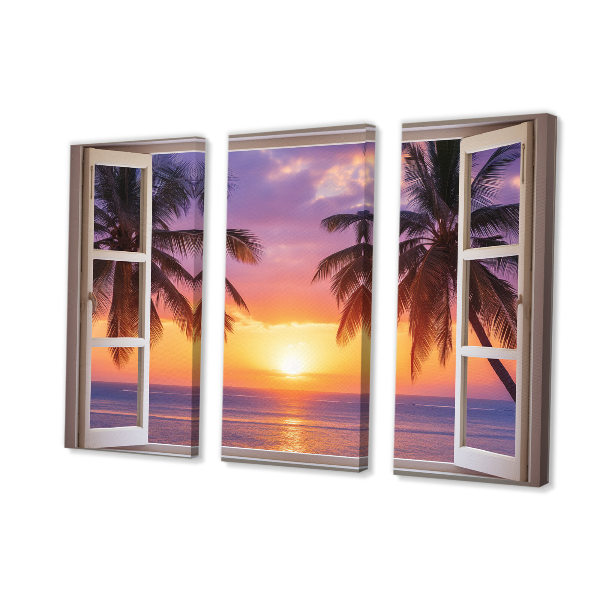 Design Art Tropical Ocean Sunset Through Open White Window - Coastal ...