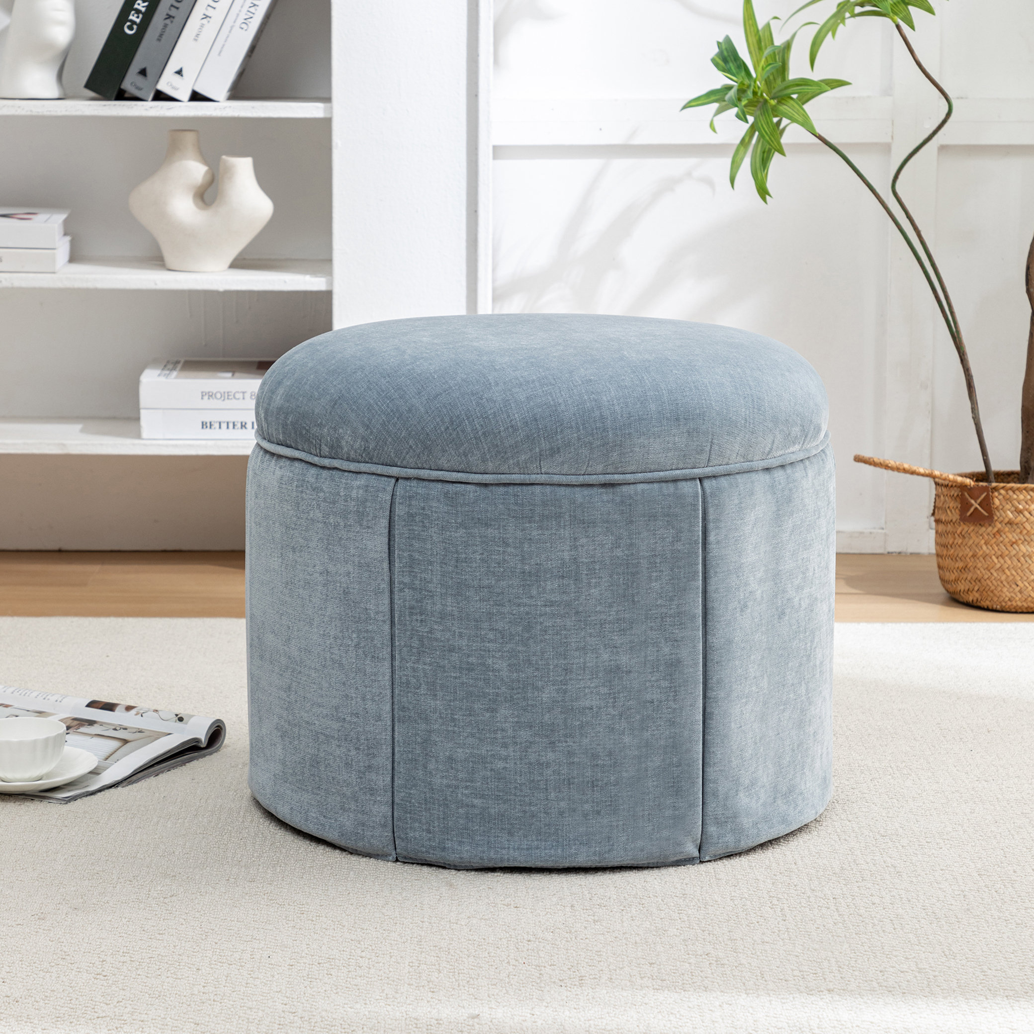 Ebern Designs Ava Round Skirted Ottoman - Cream Performance Boucle ...