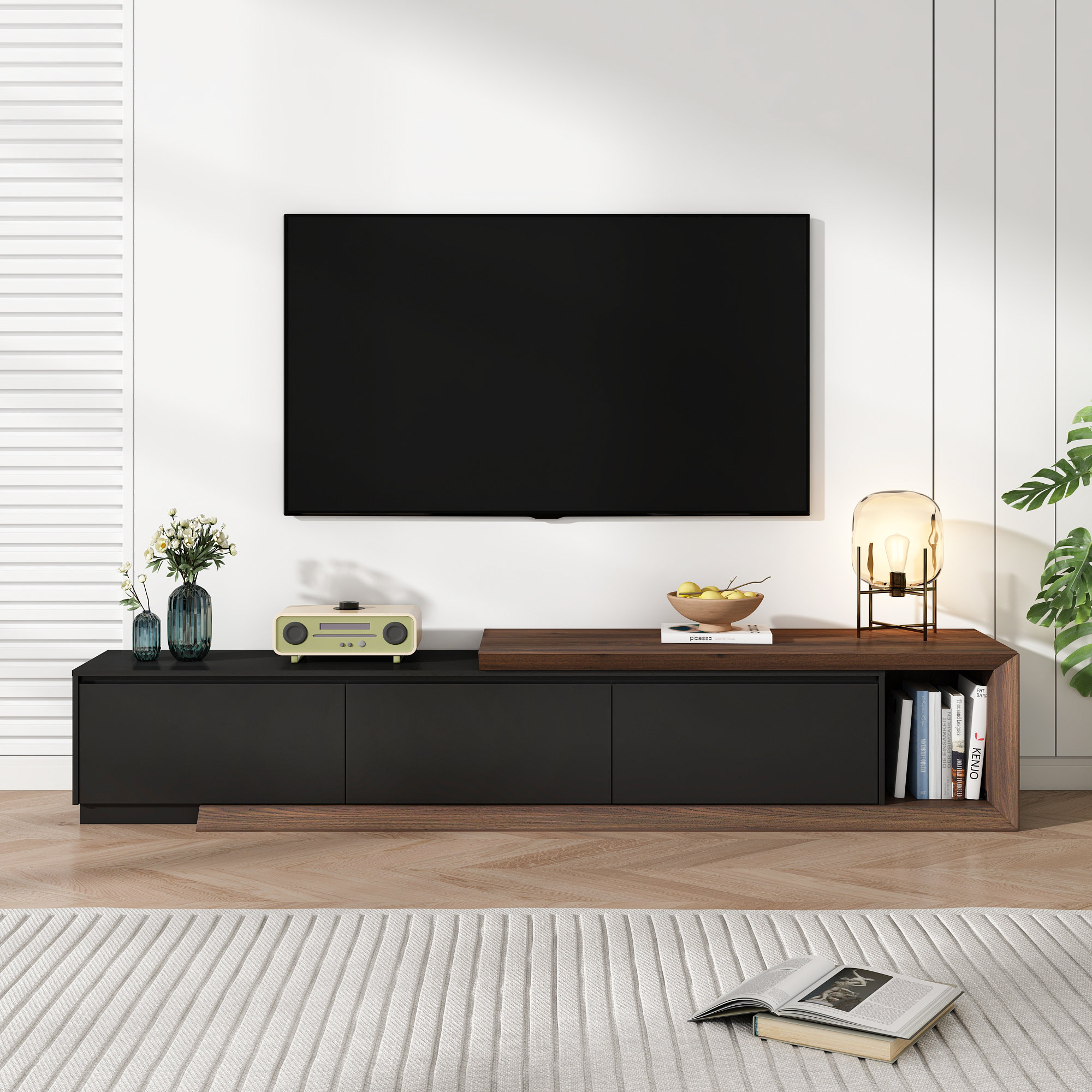 Ebern Designs Modern Extendable Tv Stand With 3 Storage Drawers – Fits ...