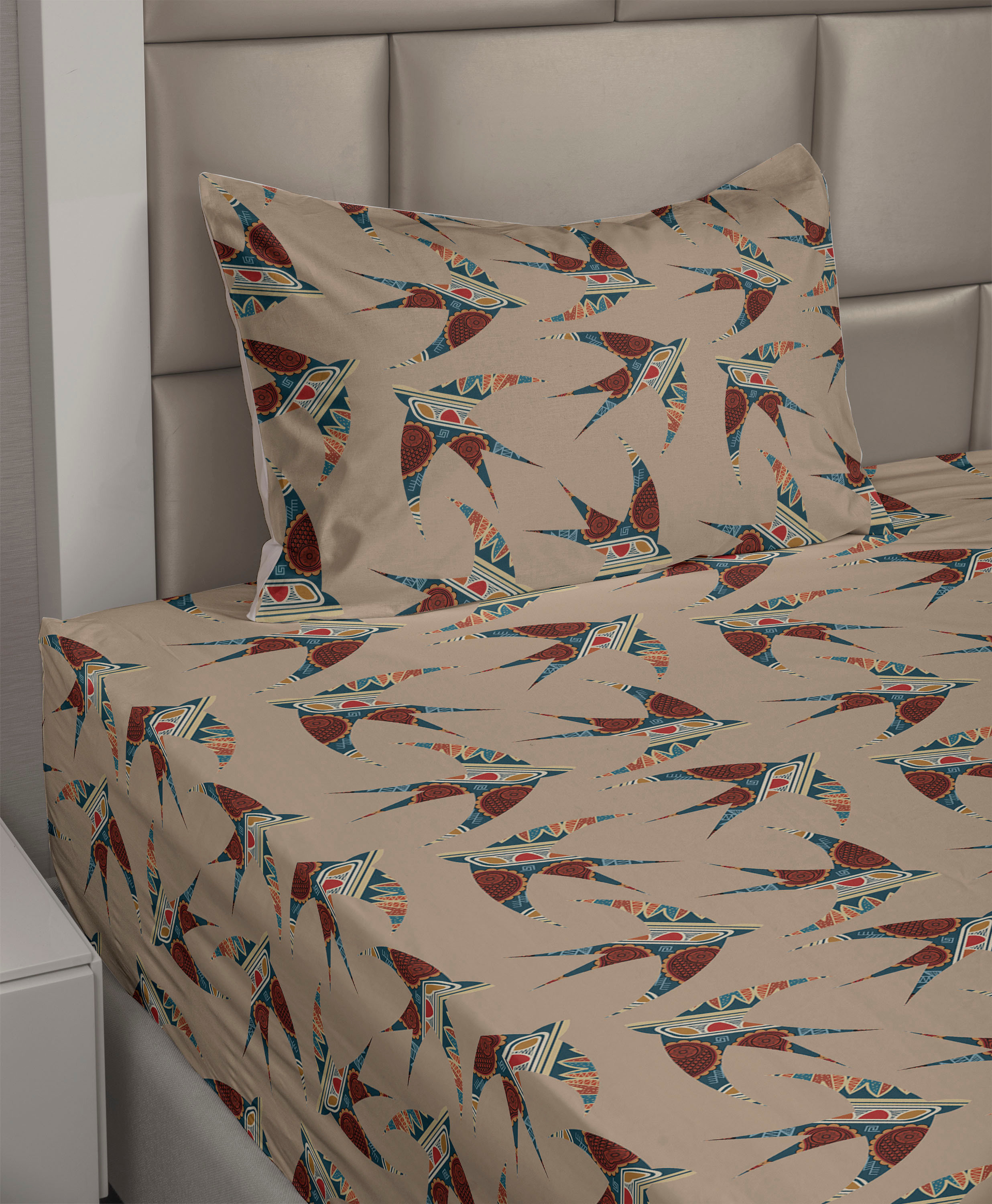 Ambesonne Bohemian Sheet Set Boho Style Teal Folk Bird Dark Sand Brown ...
