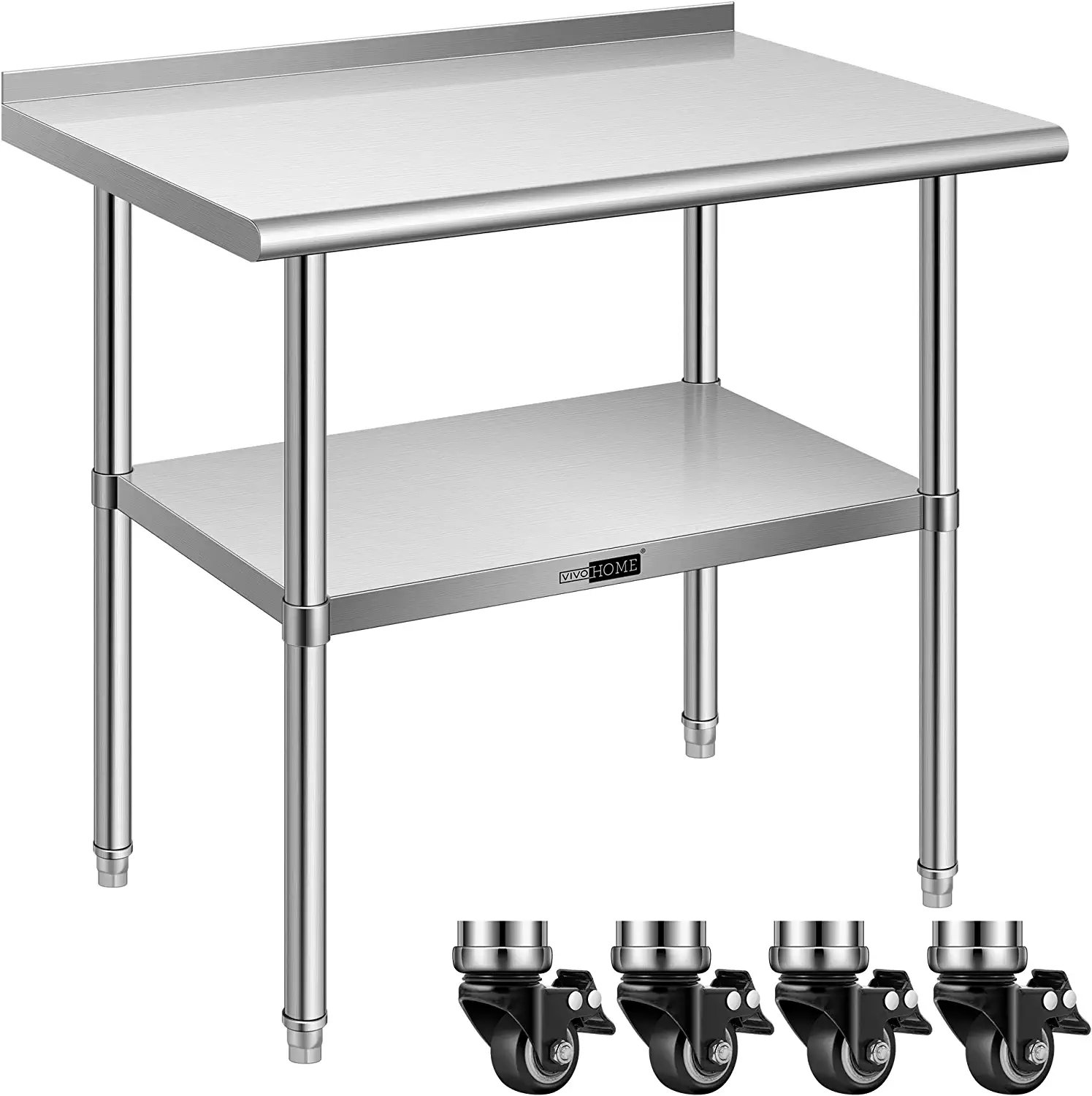 VIVOHOME Stainless Steel Work Table with Backsplash and Wheels | Wayfair