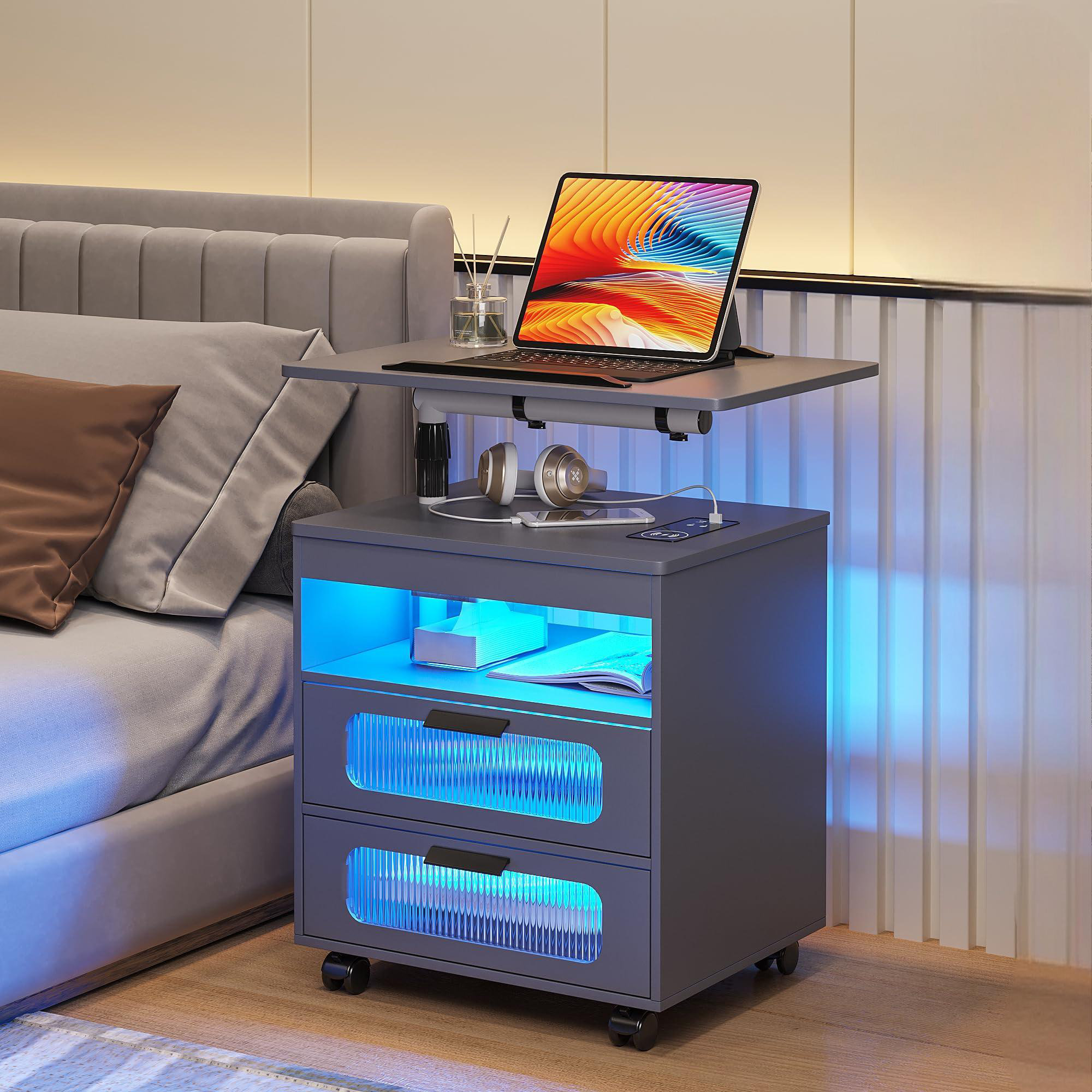 Orren Ellis Height Adjustable Nightstand 2 Drawers Wooden End Table ...