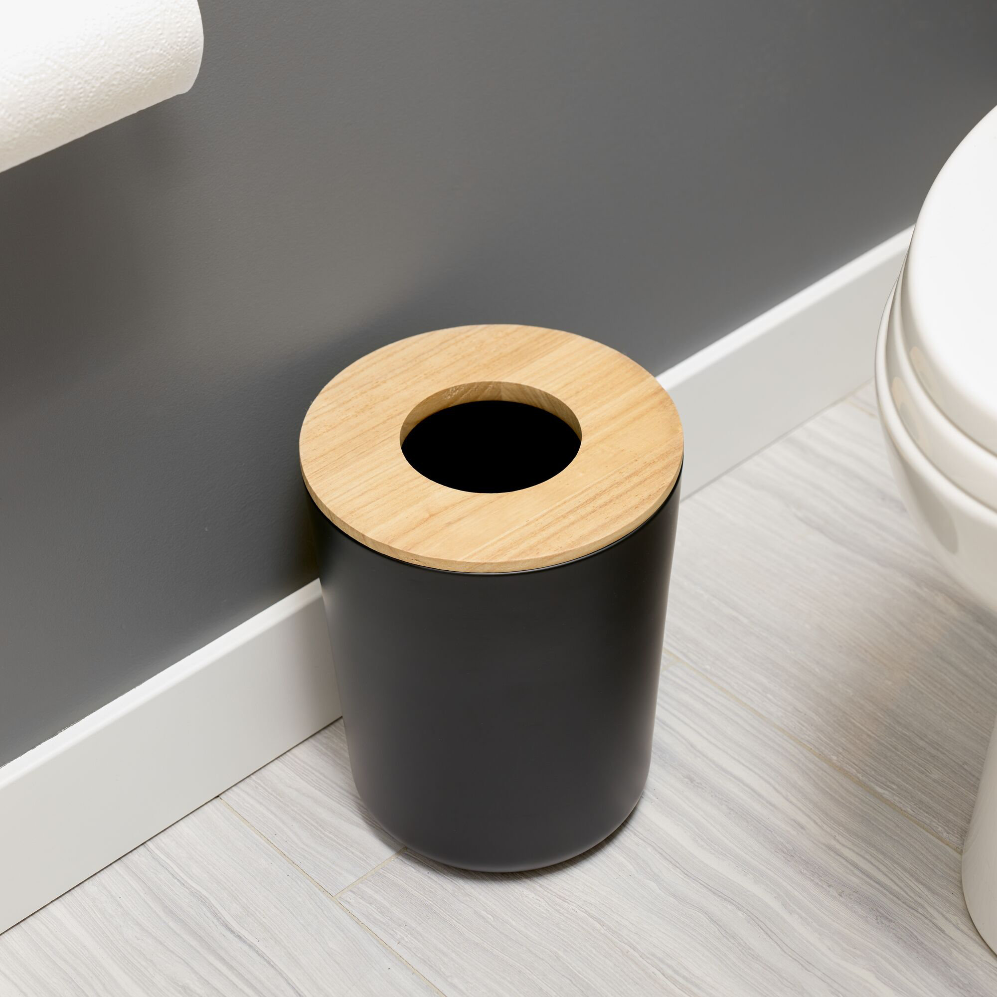 iDesign Eco Vanity Ceramic Steel Waste Basket with Wood Lid, Matte ...