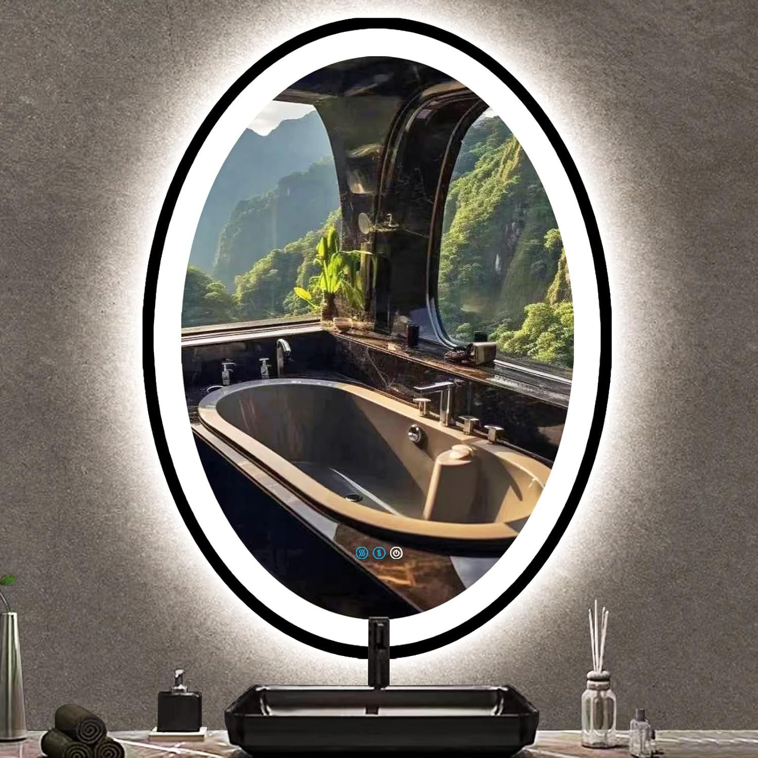 Ivy Bronx 24 X 36 Inch Black Frame Oval Led Mirror For Bathroom Wall ...