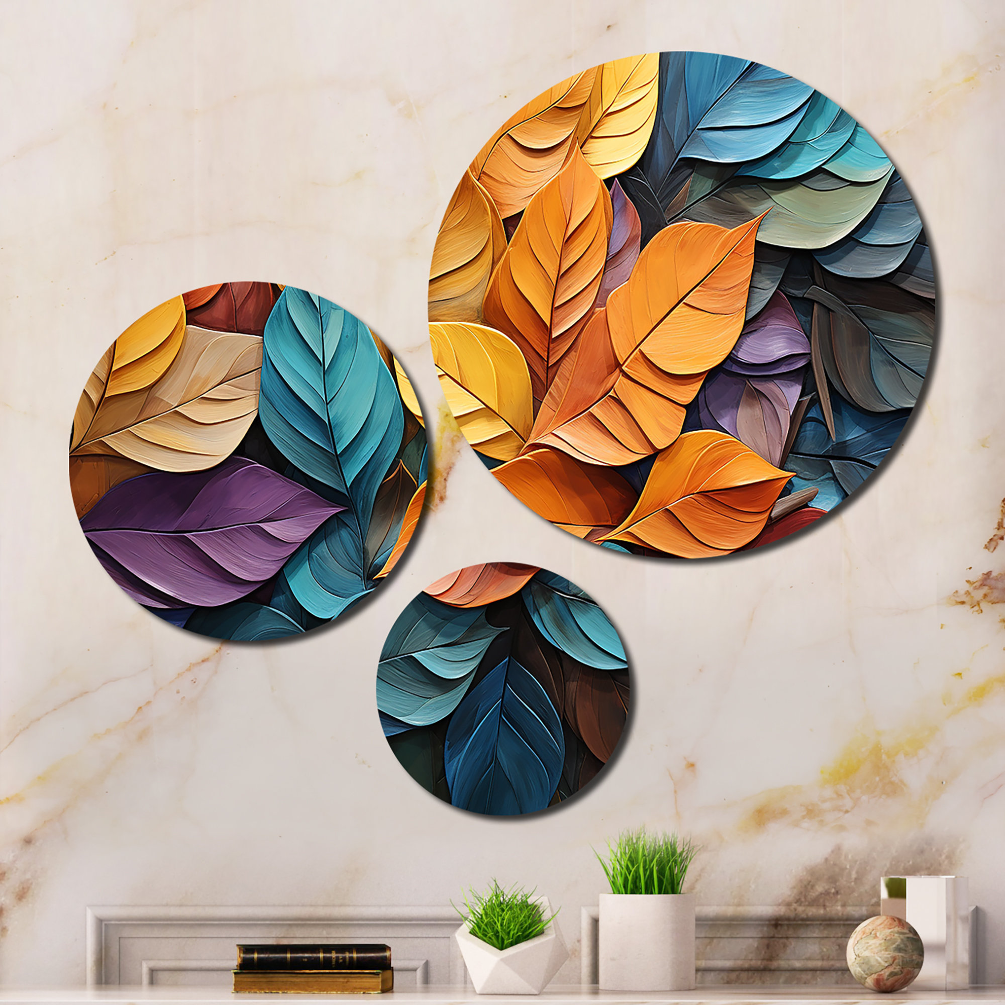 August Grove Colorful Leaves Collage I - Modern Metal Wall Decor Set ...