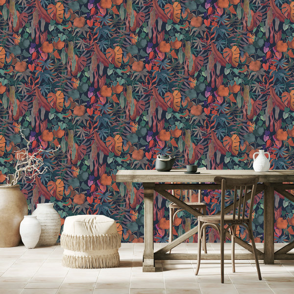 Red Barrel Studio® Greige Abstract Leaves Print Textured Wallpaper ...