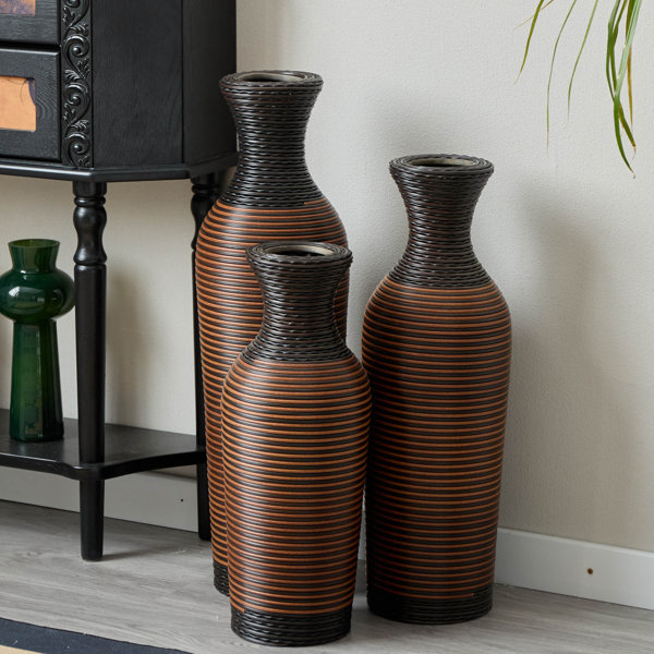George Oliver Eibhinn Hand Woven Rattan Floor Vase, Tall Vase, Two-Tone ...