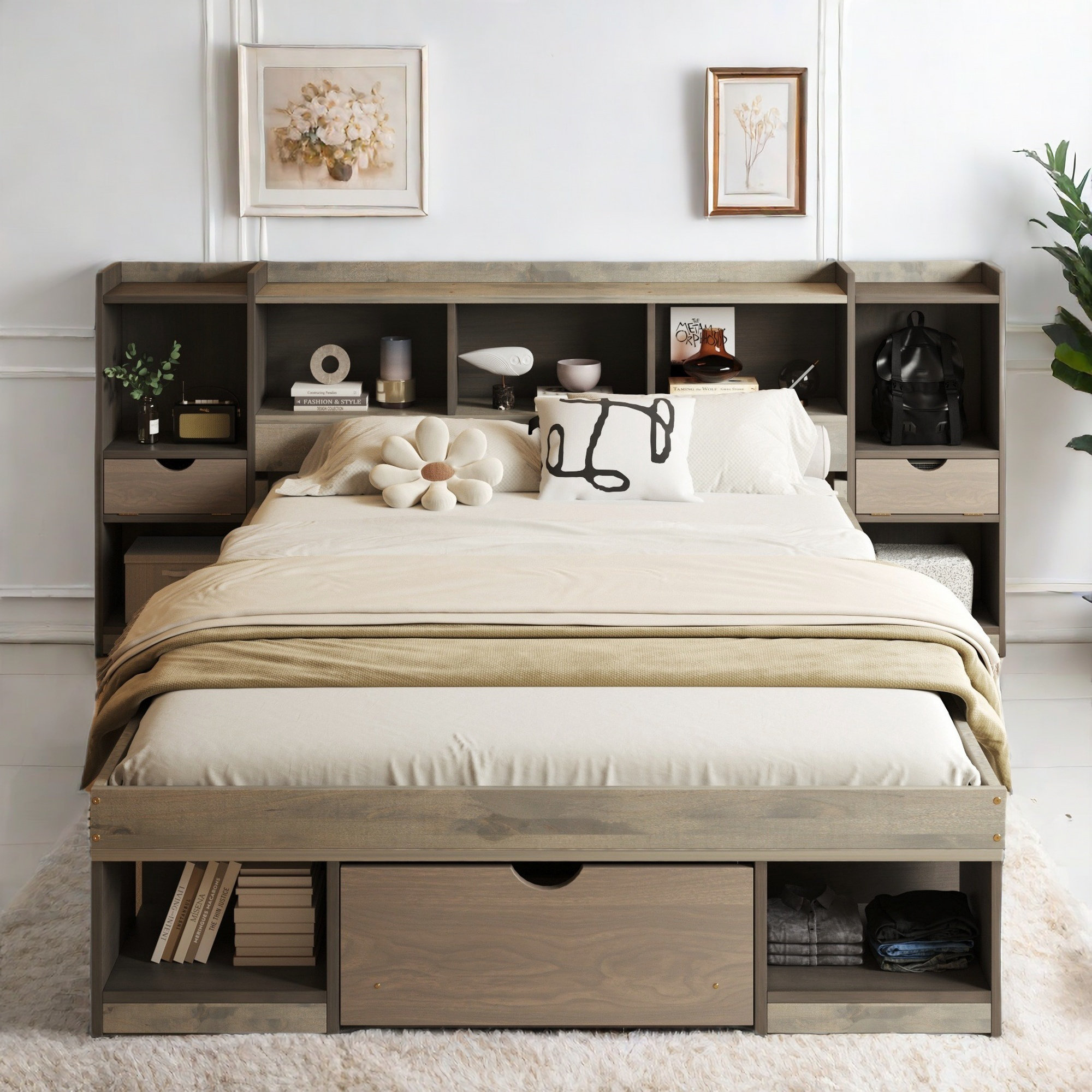 Lark Manor Wood Platform Bed With Multi-storage Headboard, 2 Closeable ...
