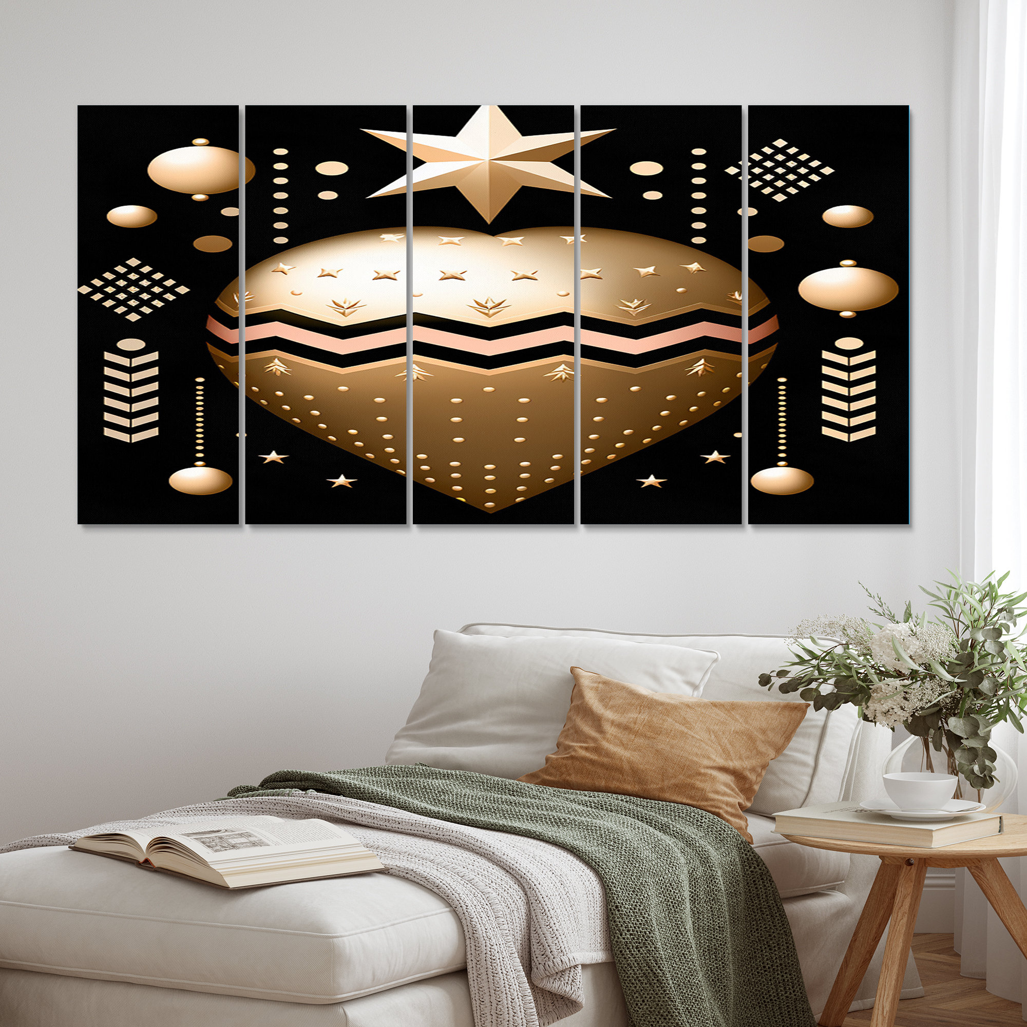 Ebern Designs Golden Geometric Glam Heart On Canvas 5 Pieces Print ...