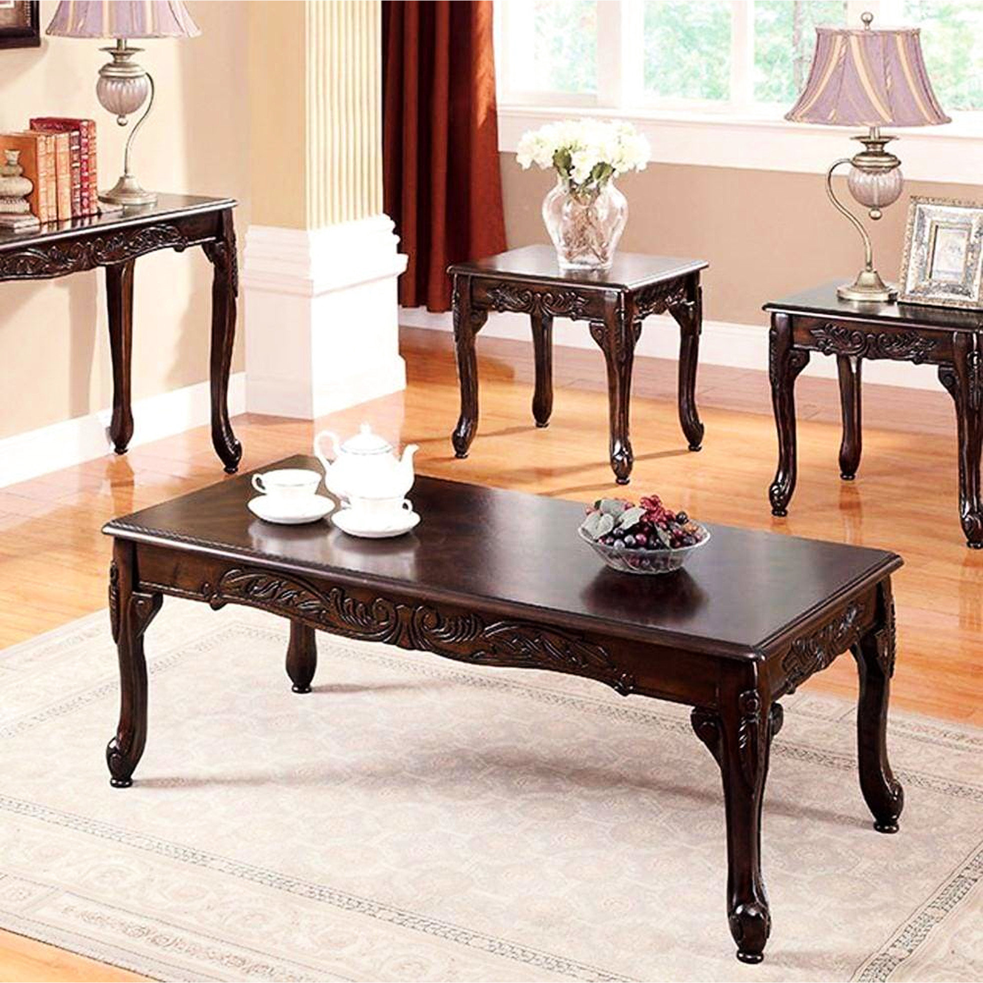 Alcott Hill® Traditional 3pc Coffee Table Of Dark Cherry Solid Wood ...