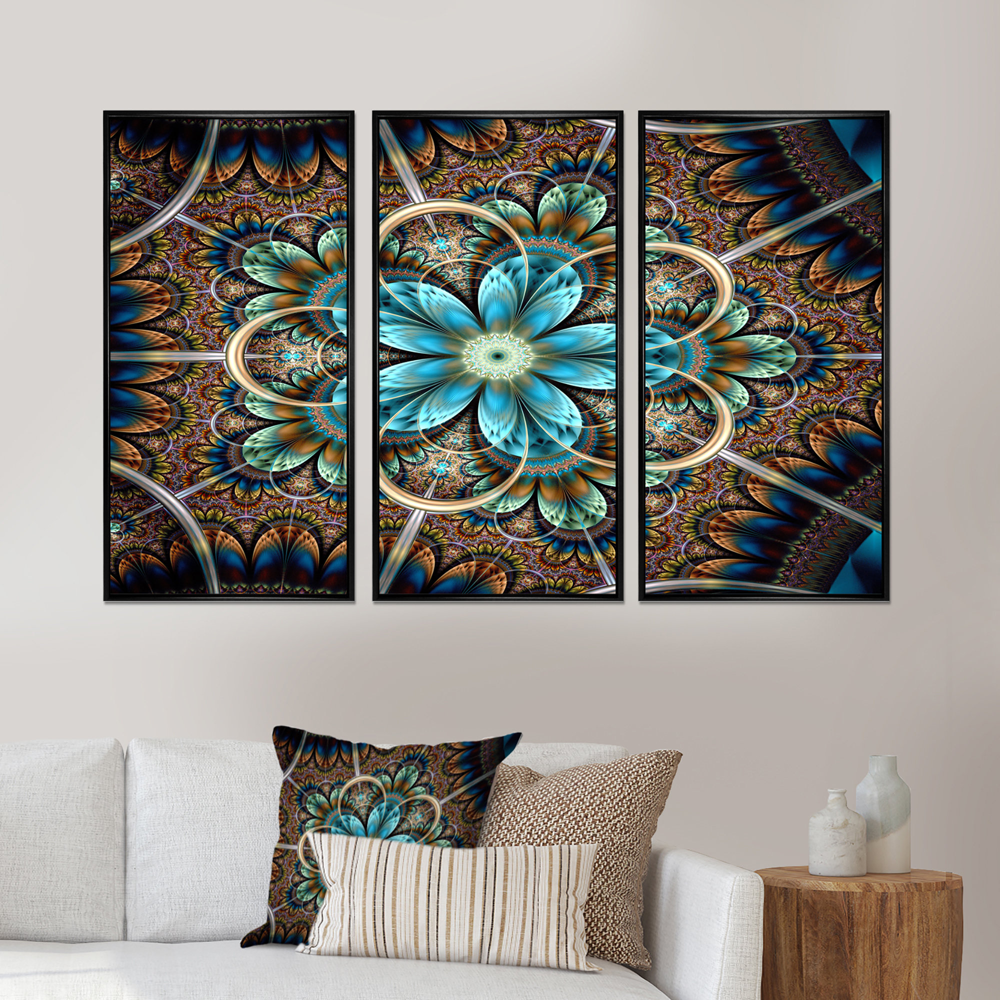 Charlton Home® Large Brown Blue Fractal Flower - Floral Framed Canvas ...