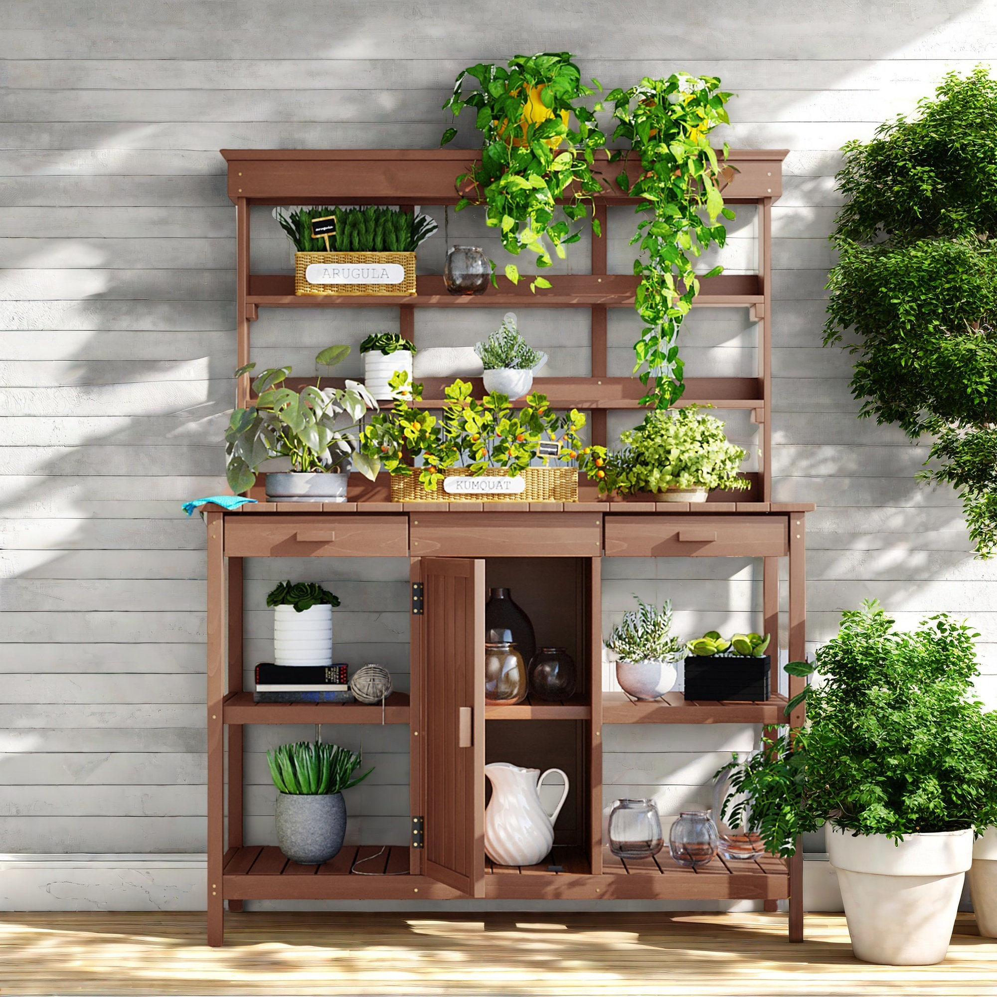 Gracie Oaks 66'' Large Outdoor Farmhouse Wooden Potting Bench Table ...