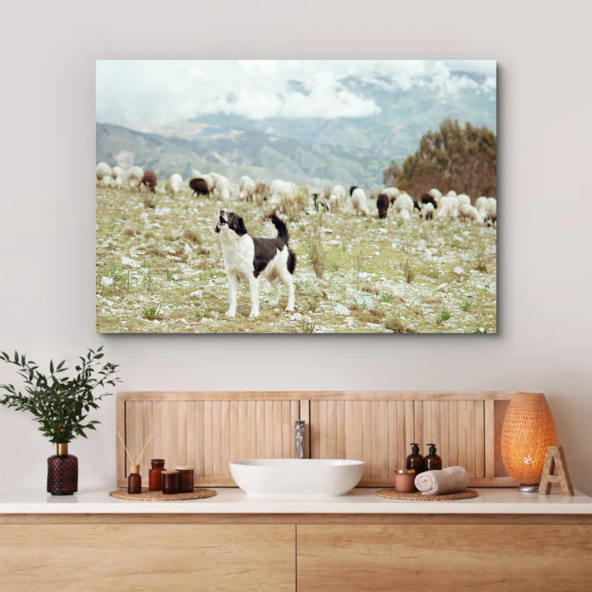 Latitude Run® Dog Howling Grazing Sheep on Pasture | Wayfair