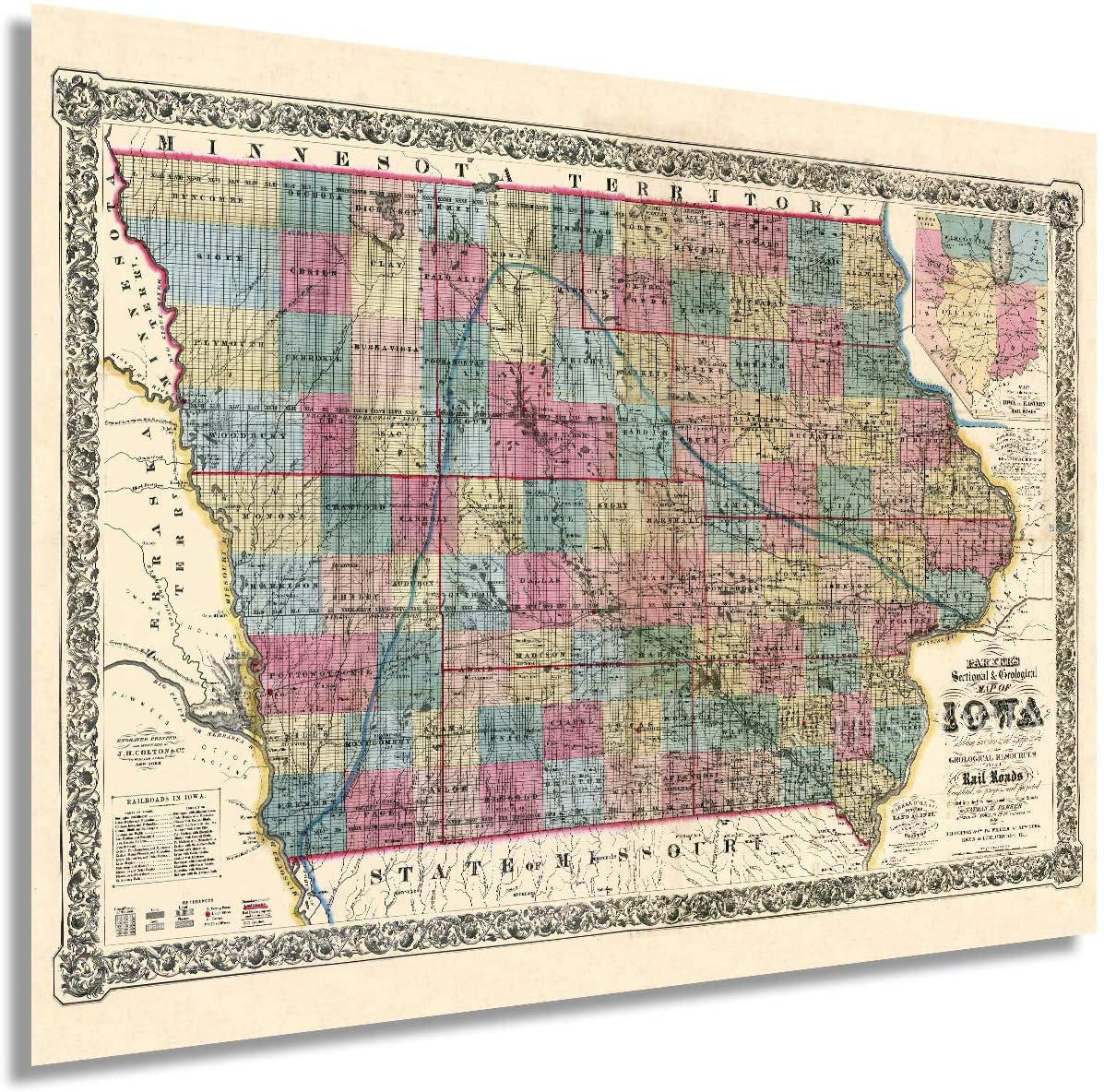 HISTORIC PRINTS Historix Vintage 1856 Iowa State Map Poster - 24X36 ...