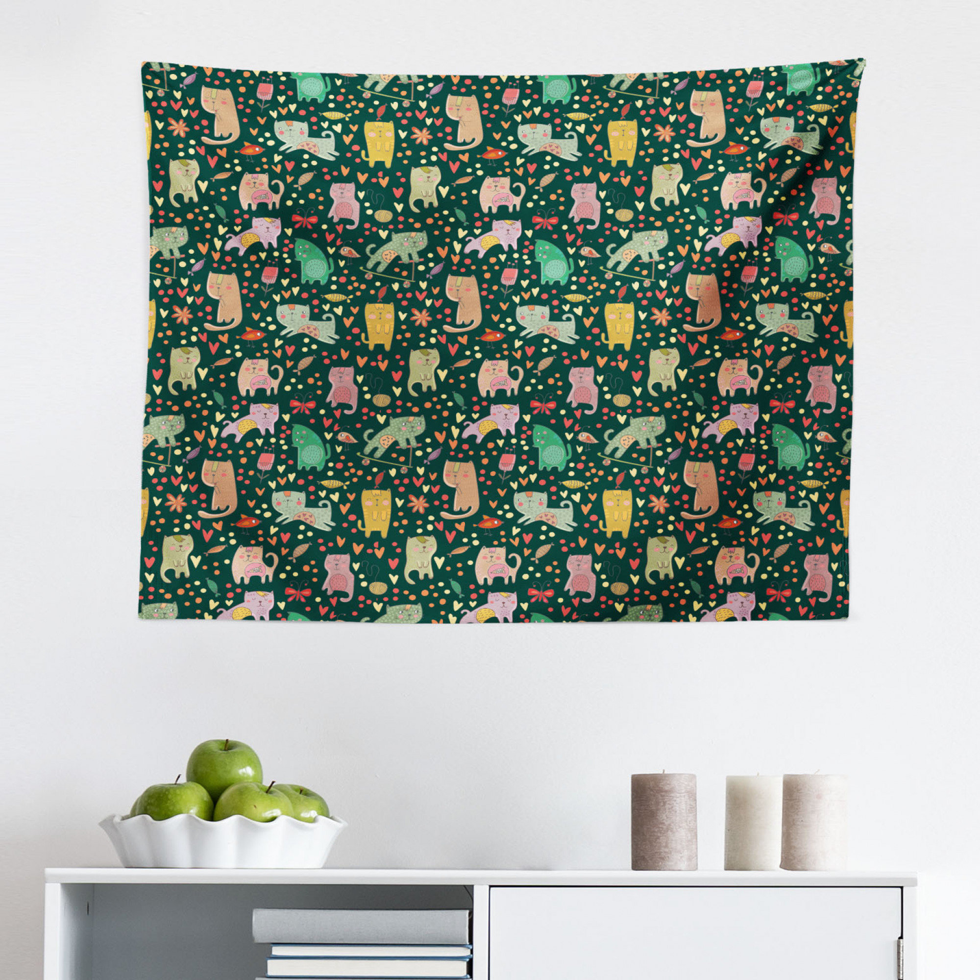 East Urban Home Cat Tapestry, Cartoon Style Feline Pattern On A Hearts ...