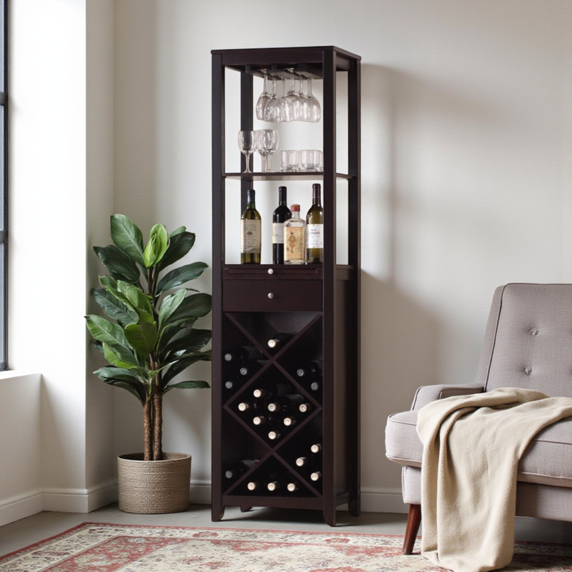 Latitude Run® Bardot Modern Wine Tower in Brown Wood | Wayfair