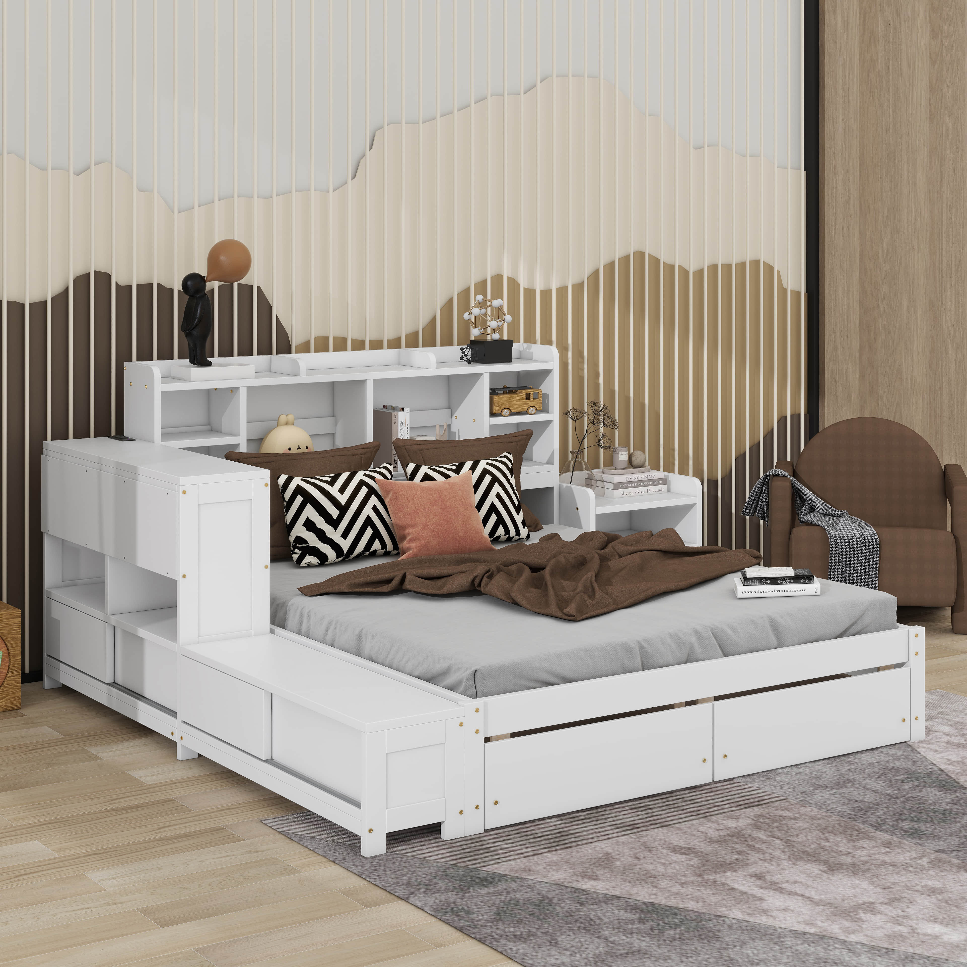 Red Barrel Studio® Full Size Wooden Platform Bed With Multi-Functional ...