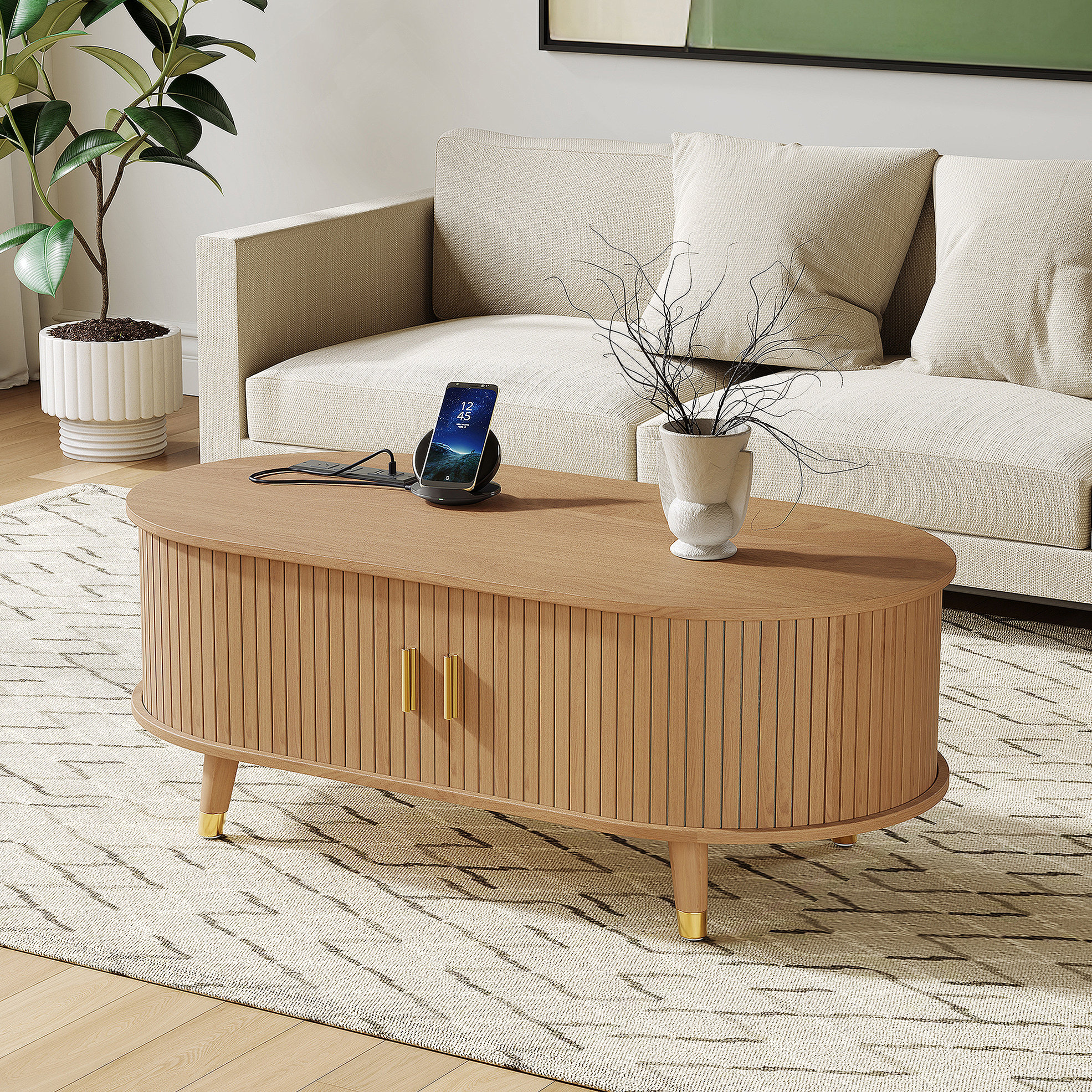George Oliver 42.5"W Wooden Oval Fluted Coffee Table with Charging ...
