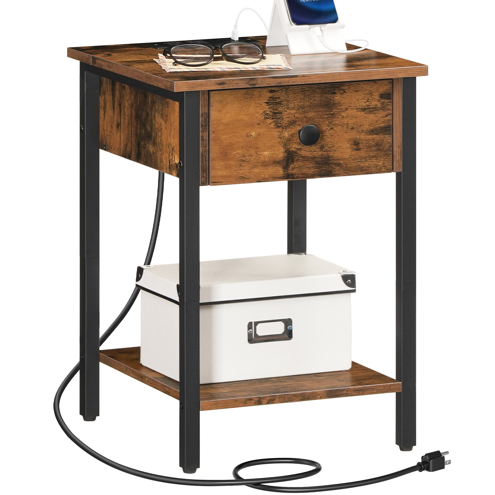 17 Stories 22'' Tall Iron Nightstand with Storage and Built-In Outlets ...