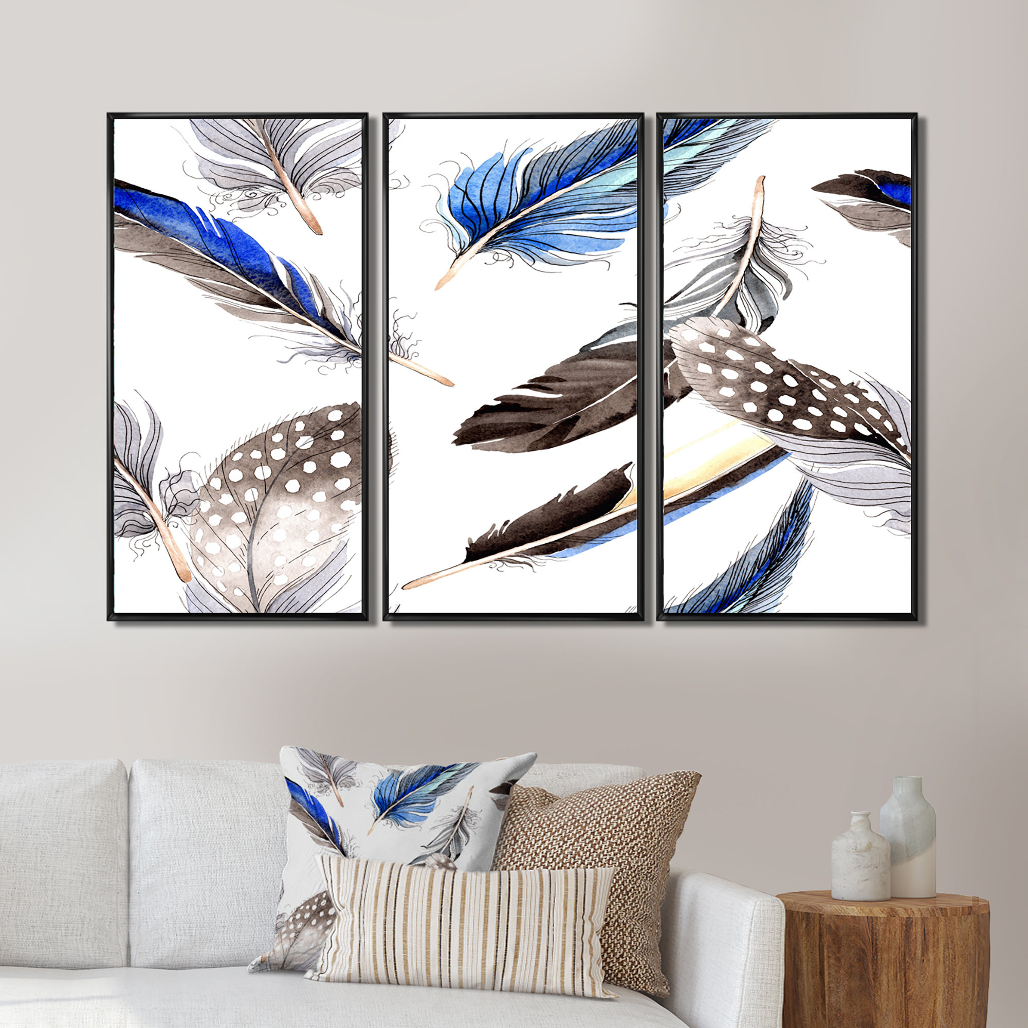 Dakota Fields Blue Bohemian Bird Feathers II - 3 Piece Floater Frame ...