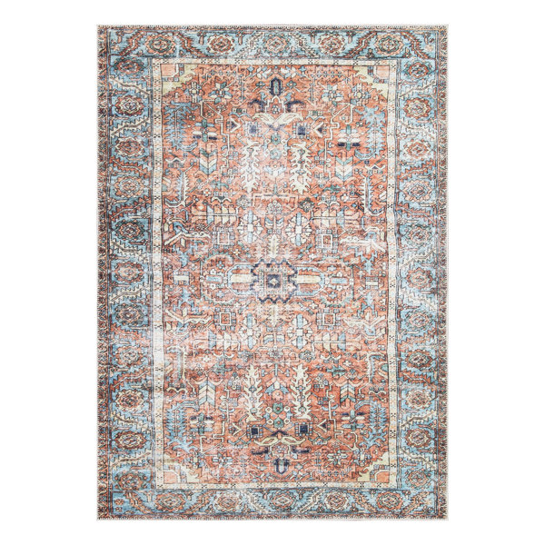 Bungalow Rose Washable Non-Slip Traditional Area Rug - Orange / Blue ...