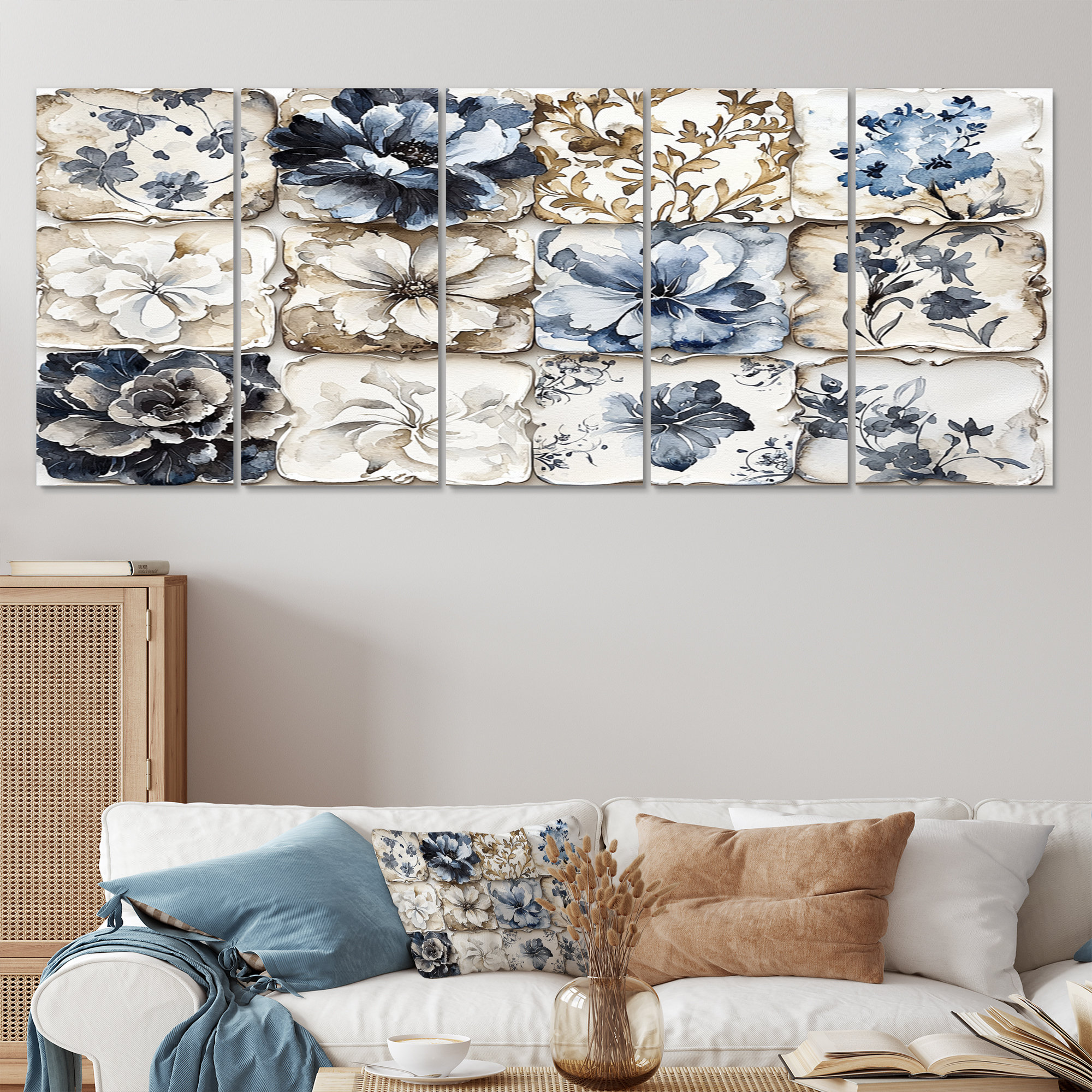 Lark Manor™ White And Blue Floral Abstract Tiles IV - Boho Tiles Wall ...