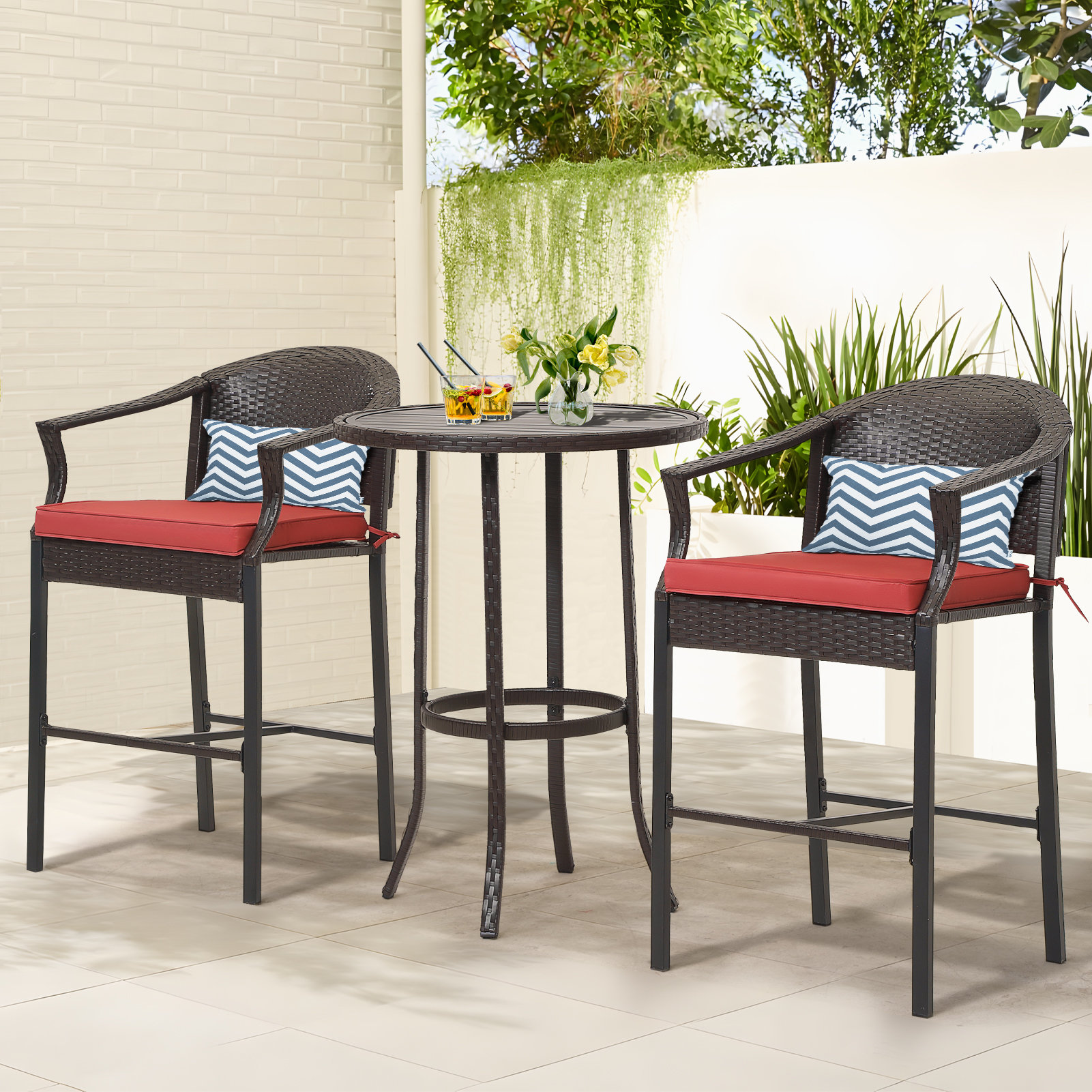 Winston Porter 3-piece Patio Bar Table Set, Outdoor Wicker Bar Height ...