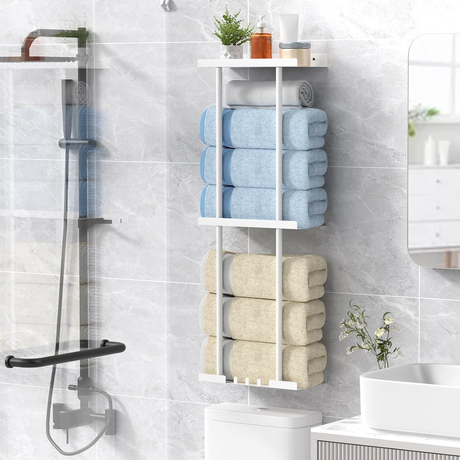 JJbaok Vertical Wall Mounted Towel Rack With Shelf - Space Saving ...