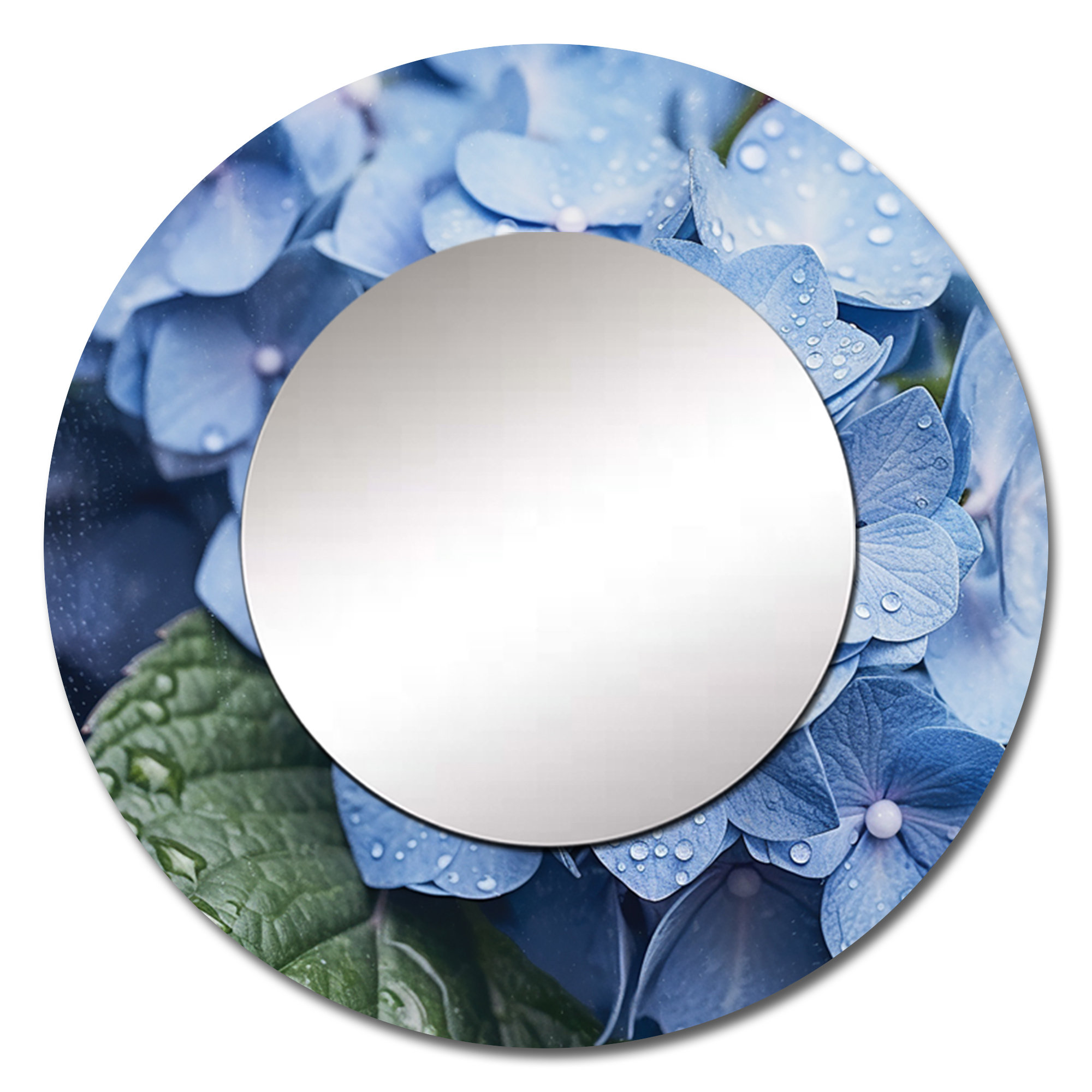 Design Art Blue Green Hydrangea Blooms Heaven - Floral Round Mirror ...