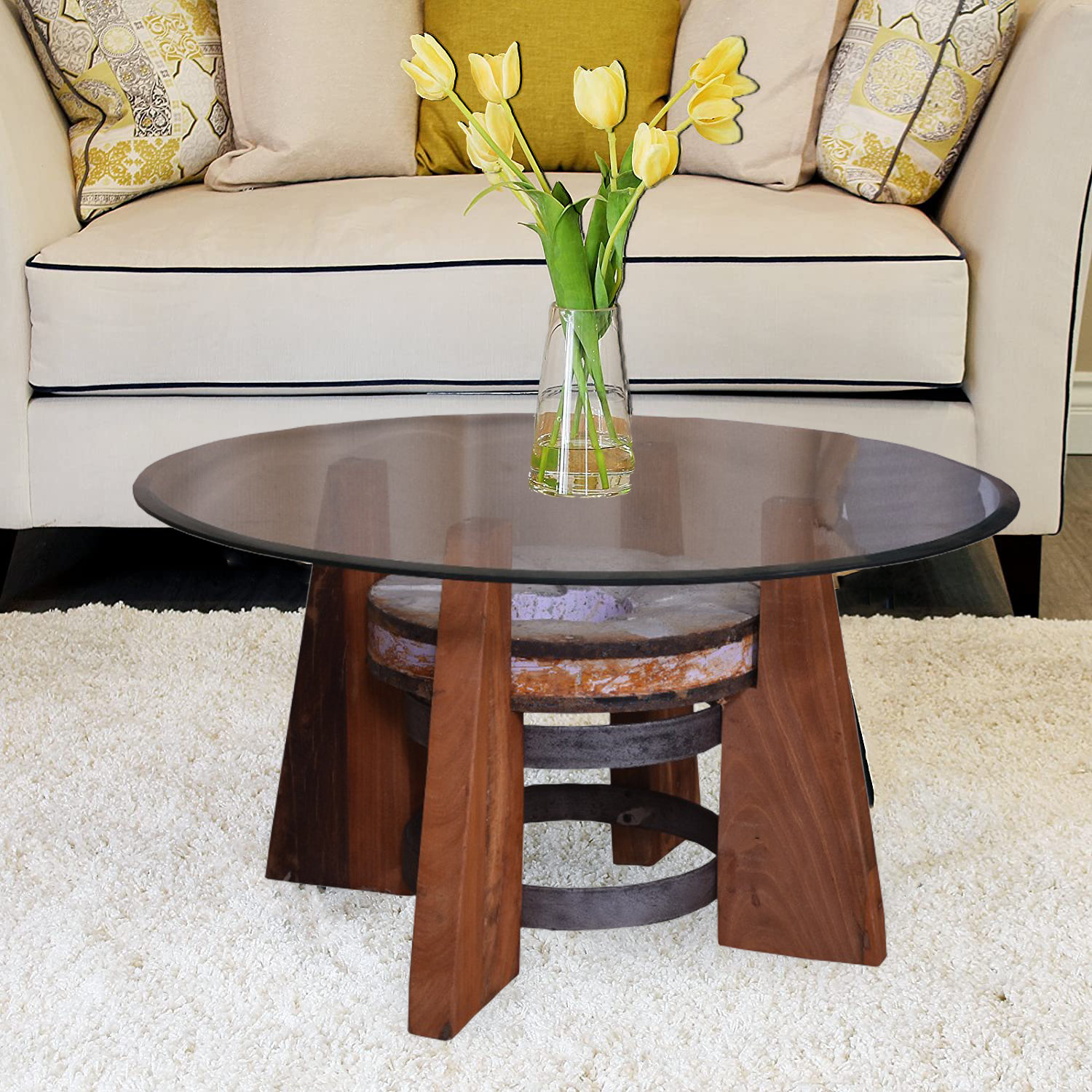 Designe Gallerie Lorin Round Glass Top Coffee Table, Solid Wood legs ...
