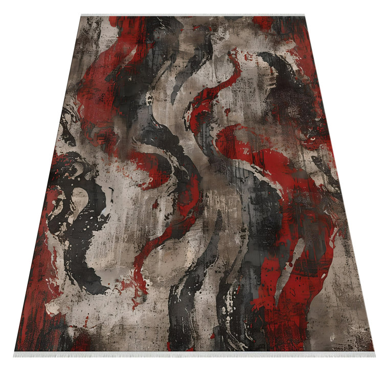 Ivy Bronx Abstract Swirl Rug - Red, Gray, And Black - Bold And Dynamic ...