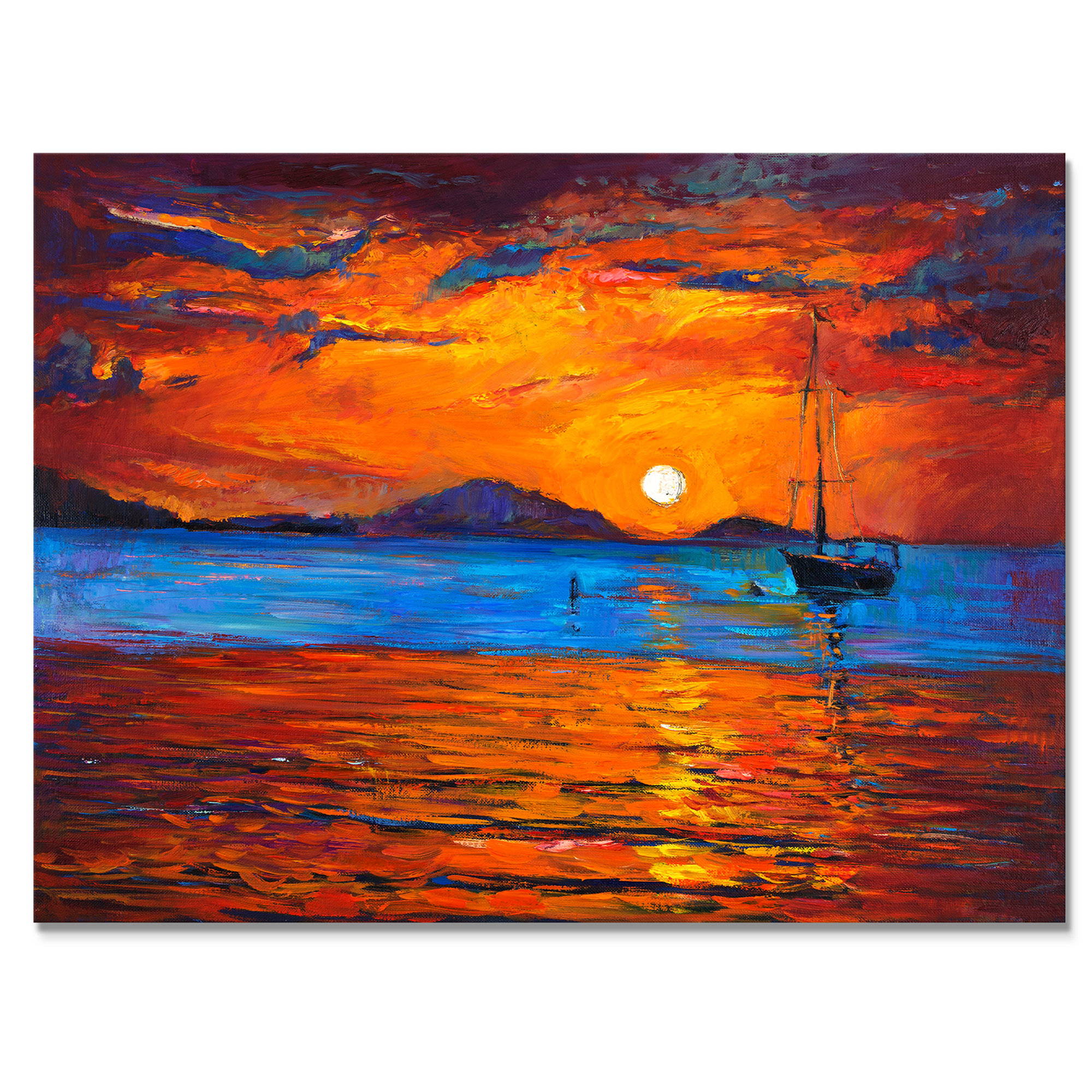 Breakwater Bay Boat on Orange Sunset - Picture Frame Print on Canvas ...