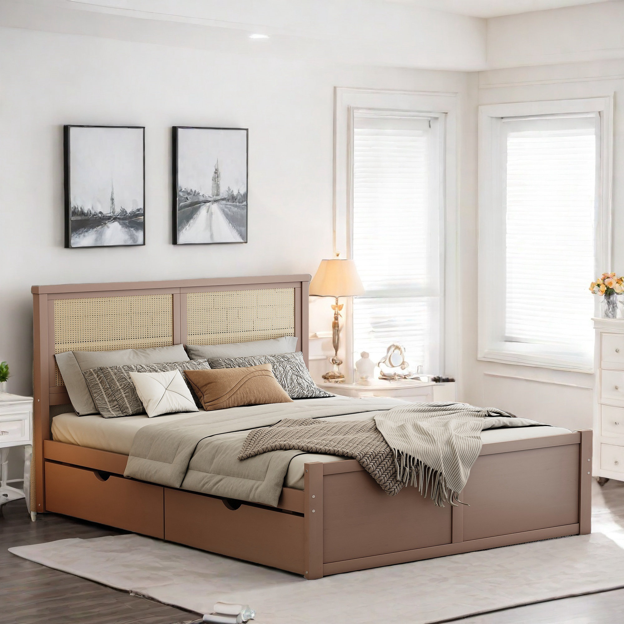 Bay Isle Home™ Elegant Platform Bed with 4 Drawers and Rattan Headboard Boudah - Wayfair Canada