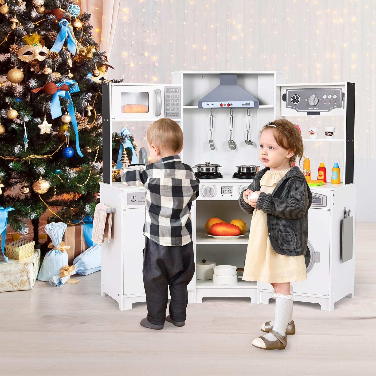 LIFERUN Corner Play Kitchen With Light And Sound, Wooden Doll's Kitchen ...