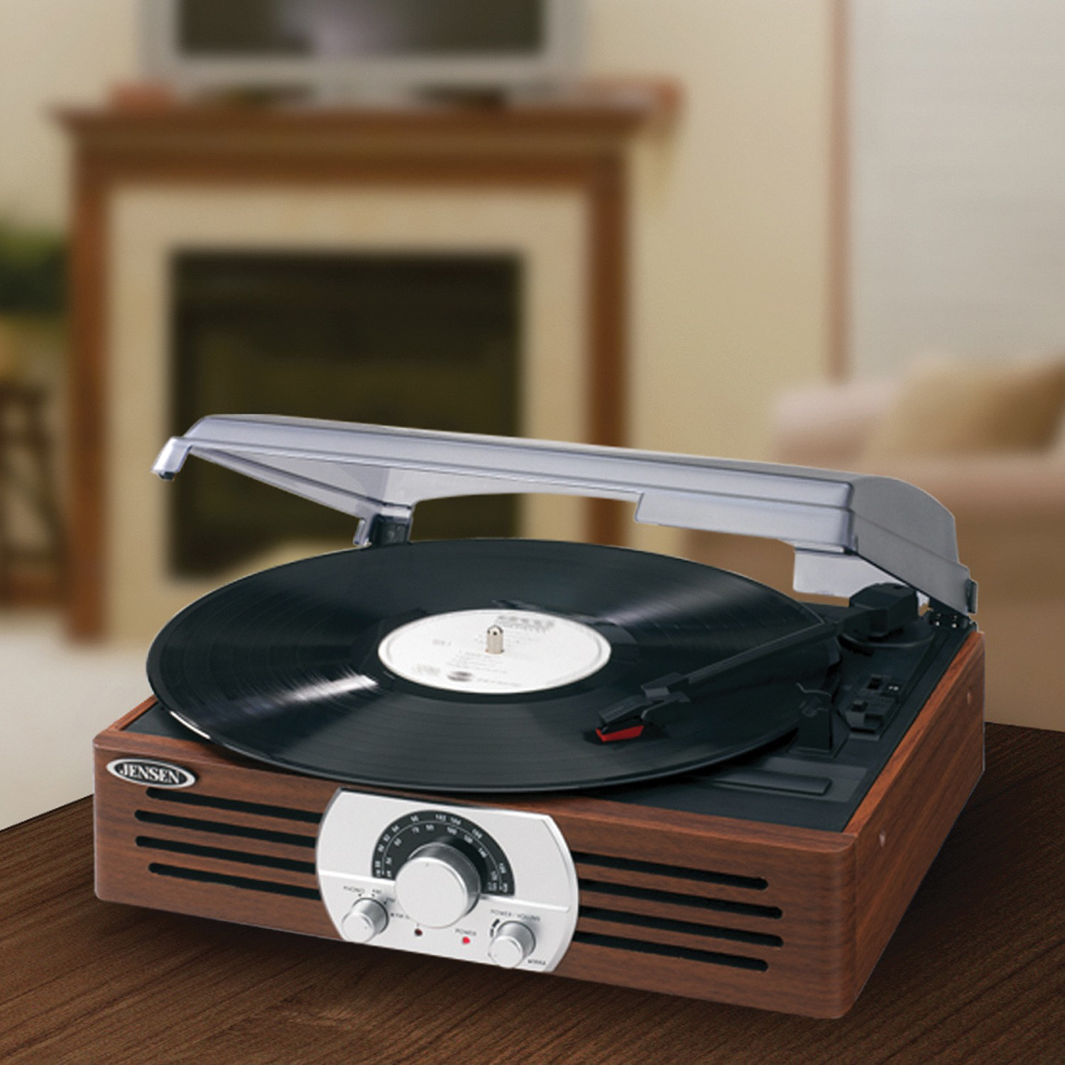 Jensen 3-Speed Decorative Record Player with AM/FM Stereo Radio ...