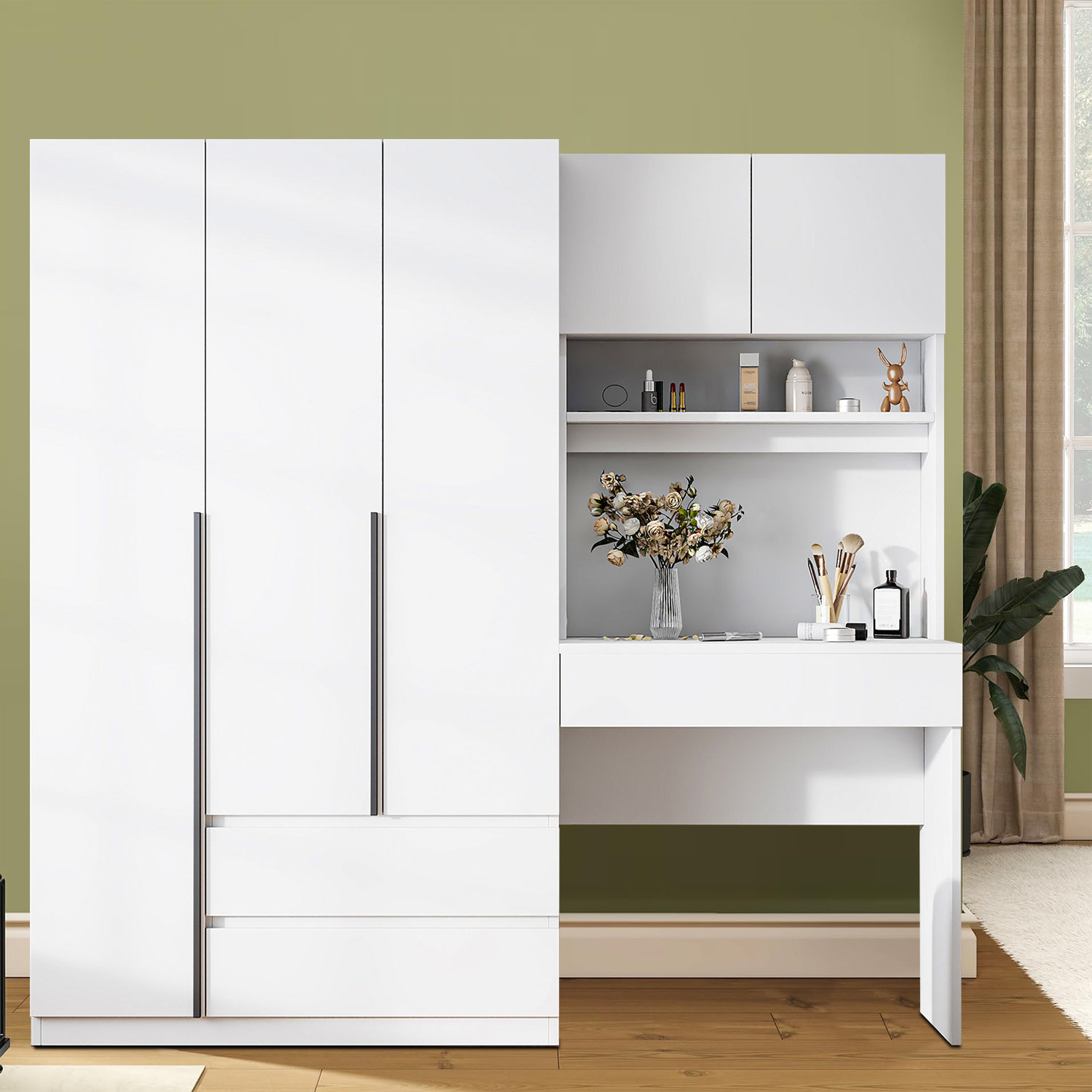 Latitude Run® Modern Wardrobe and Vanity Combo with Drawers, Cabinets ...