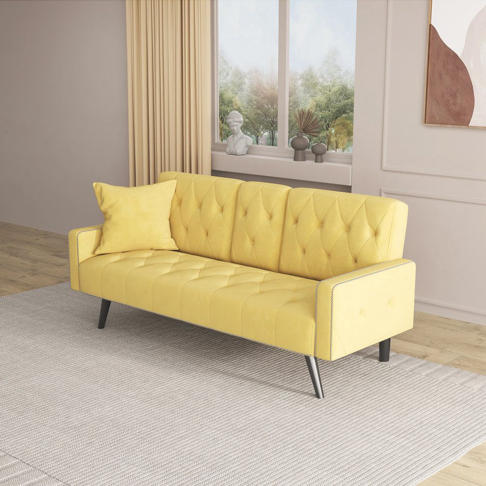 Mercer41 Compact Yellow Velvet Sofa Bed with Nailhead Trim Armrests ...