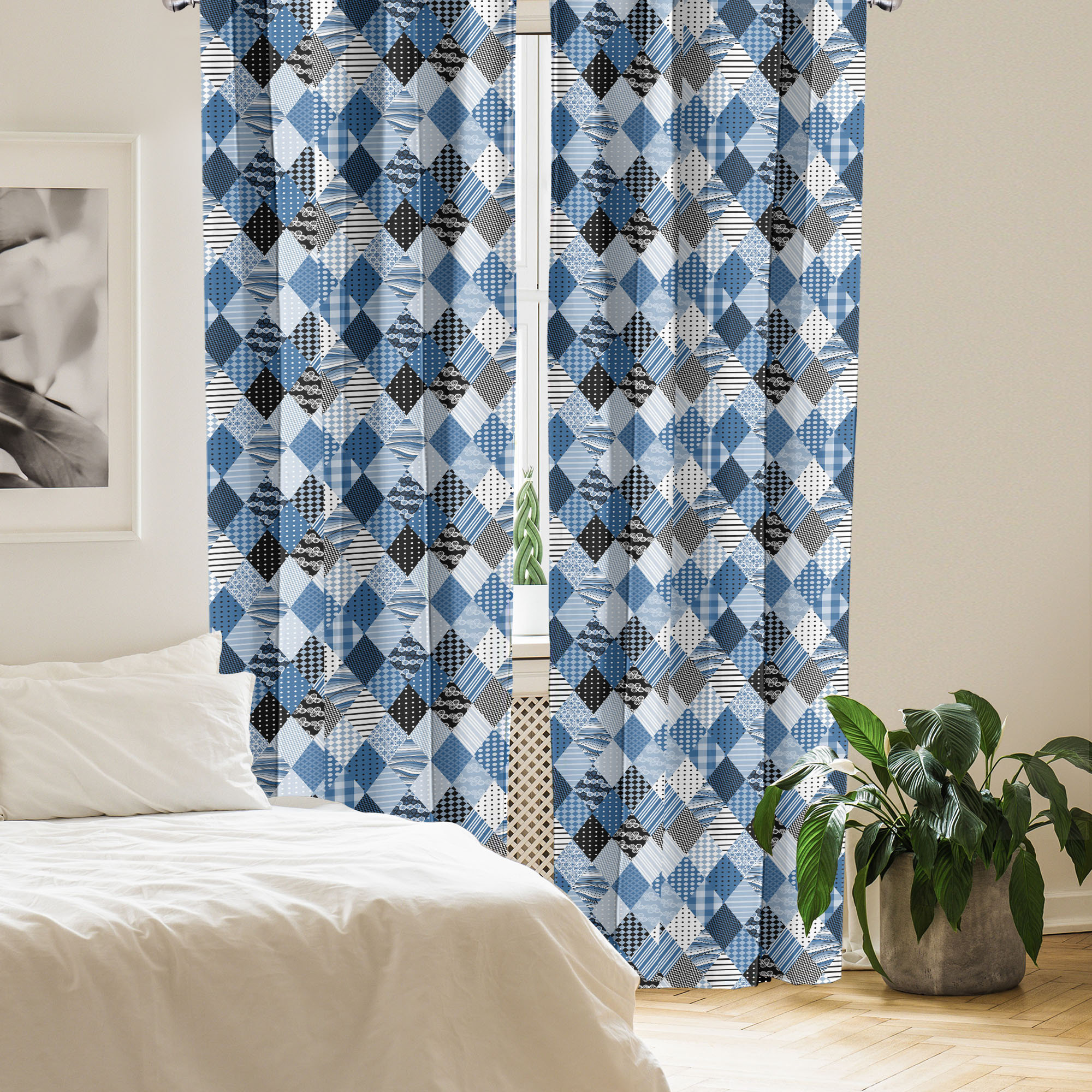 East Urban Home Blue 4-Panel Curtains, Diamond Shaped Patchworks, Blue ...