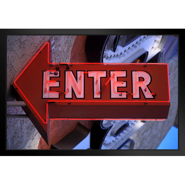 Latitude Run® Red Neon Enter Arrow Sign Building Photo Black Wood ...