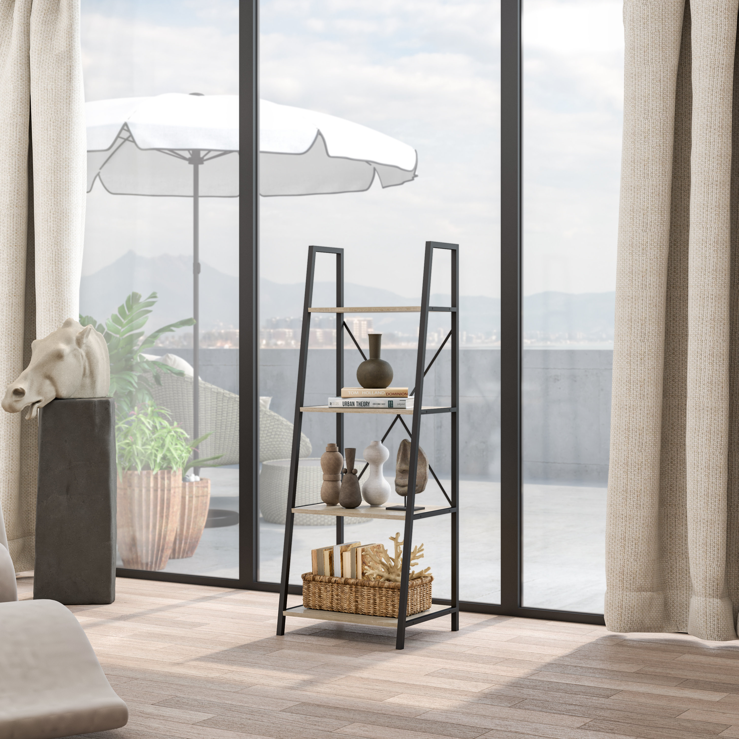 17 Stories Lotus 4-Tier Oak Wood Storage Ladder Bookcase-53*20*16 ...