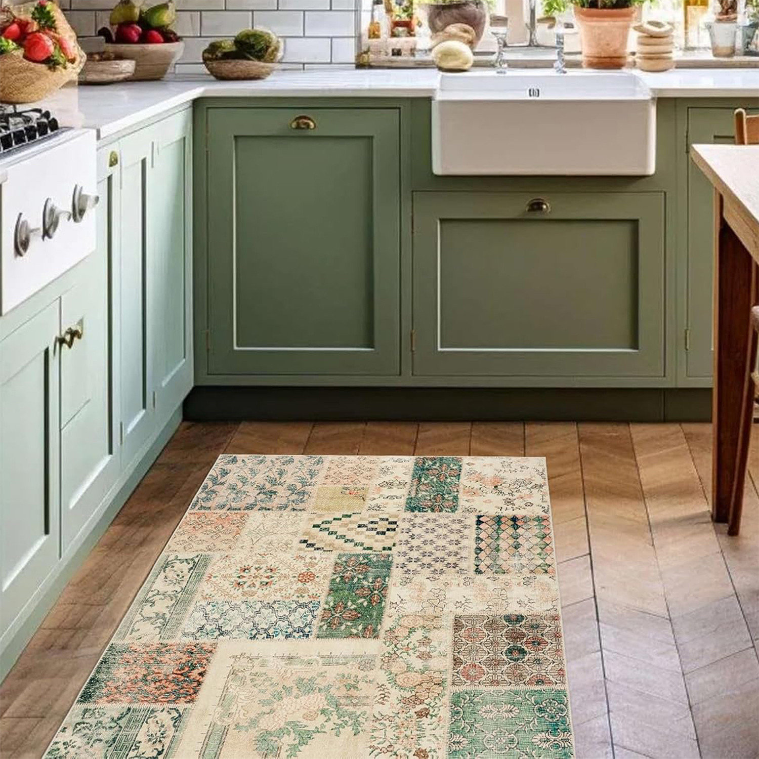 Bungalow Rose Cream & Green Kitchen Rug,4'x6' Non Slip Small Area Rug ...