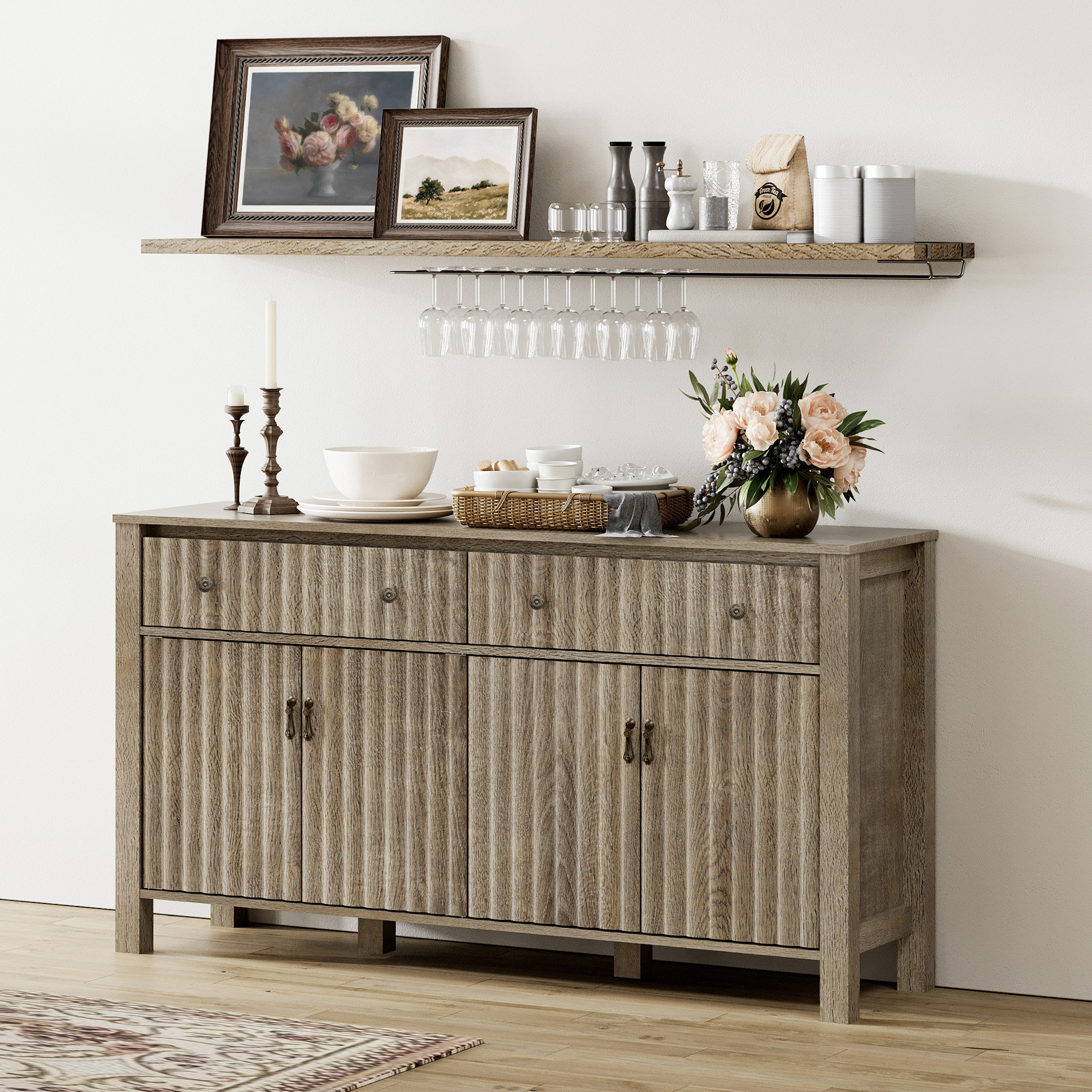 Millwood Pines Modern Sideboard Buffet Cabinet, 57 Inch Wood Coffee Bar ...