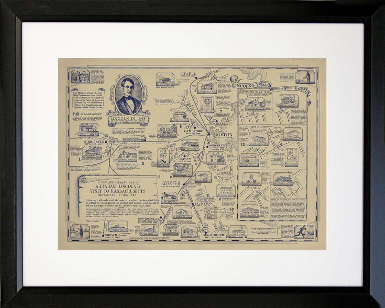 Buy Art For Less Map of Abraham Lincoln's Visit to Massachusetts Framed ...