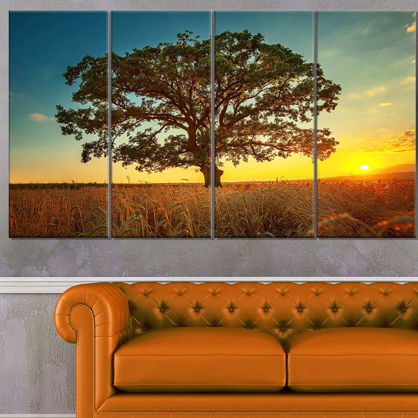 Design Art 'Big Green Tree in Summer Field' 4 Piece Photographic Print ...