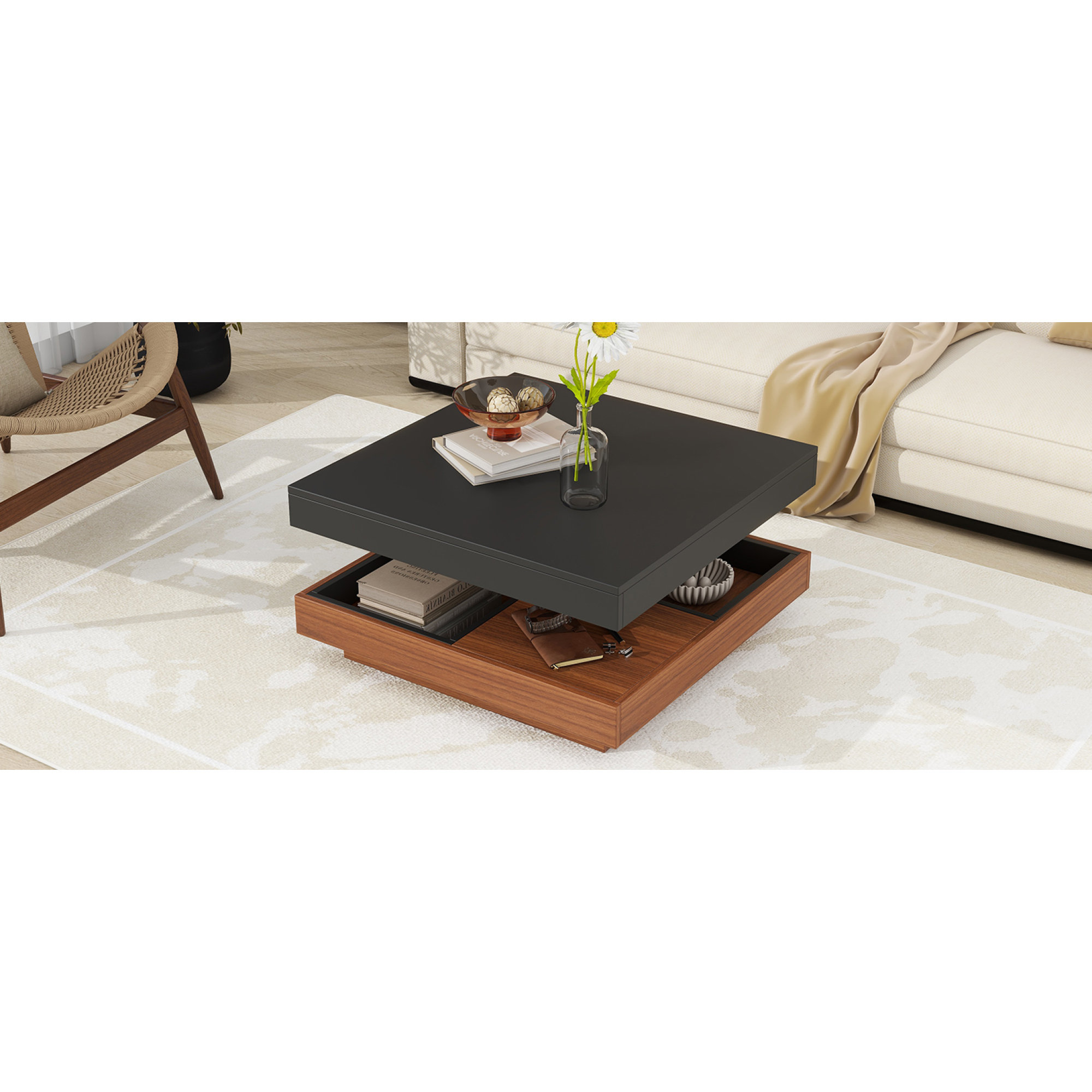 Ivy Bronx On-trend Modern Square Rotating Coffee Table With 3 ...