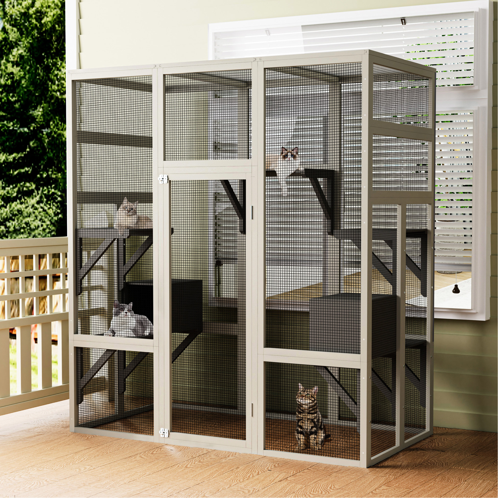 Archie & Oscar™ Gray Solid Wood Outdoor Cat House With 5 Platforms, 2 ...