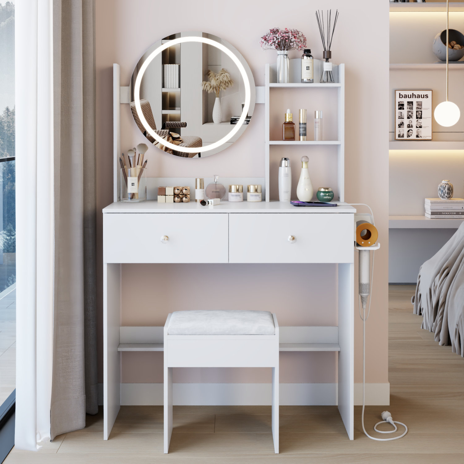 Latitude Run® Round LED Mirror Vanity Table with Cushioned Stool and ...