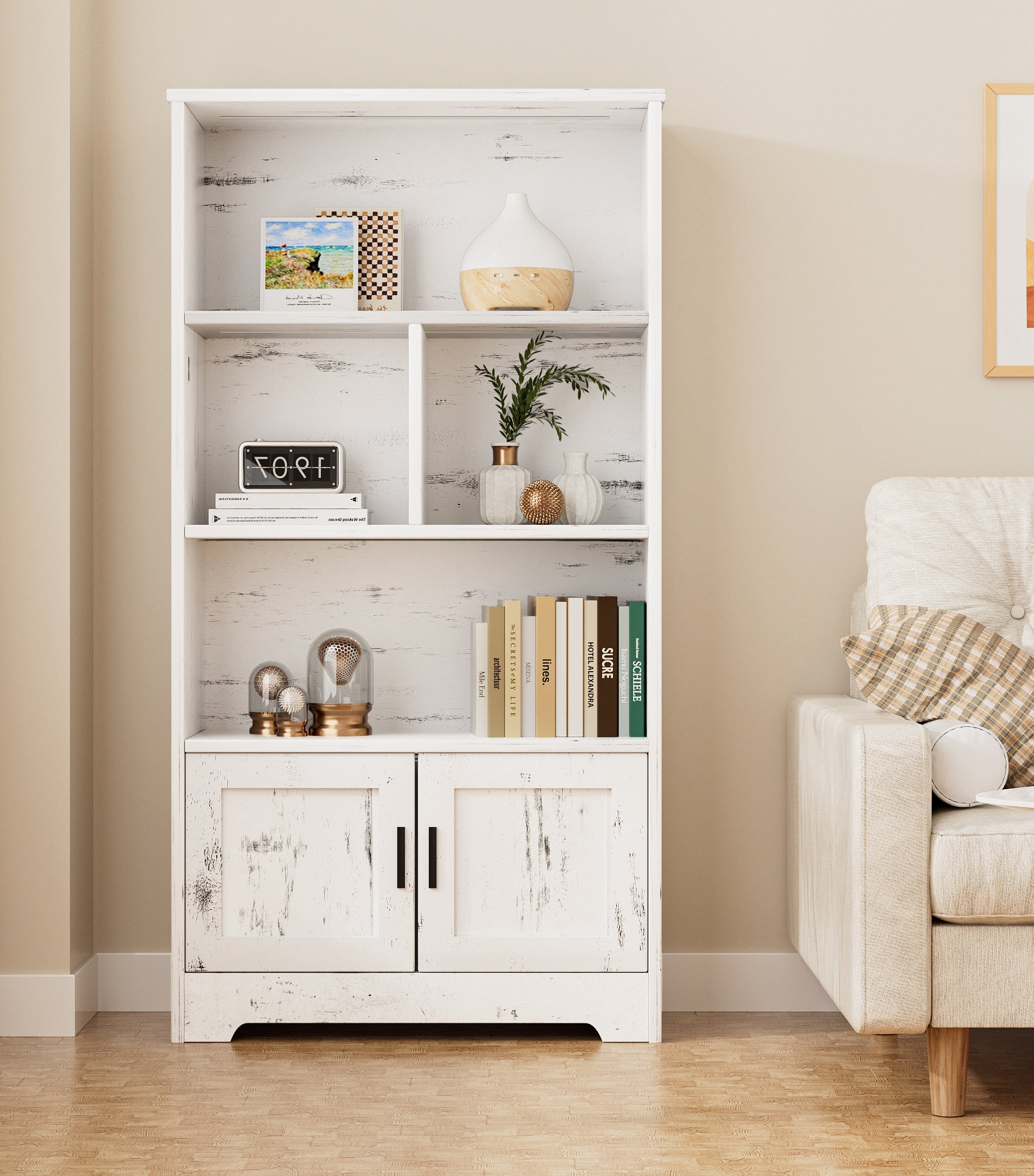 Ivy Bronx White Bookcase With Doors Modern Bookshelf With LED Lights ...